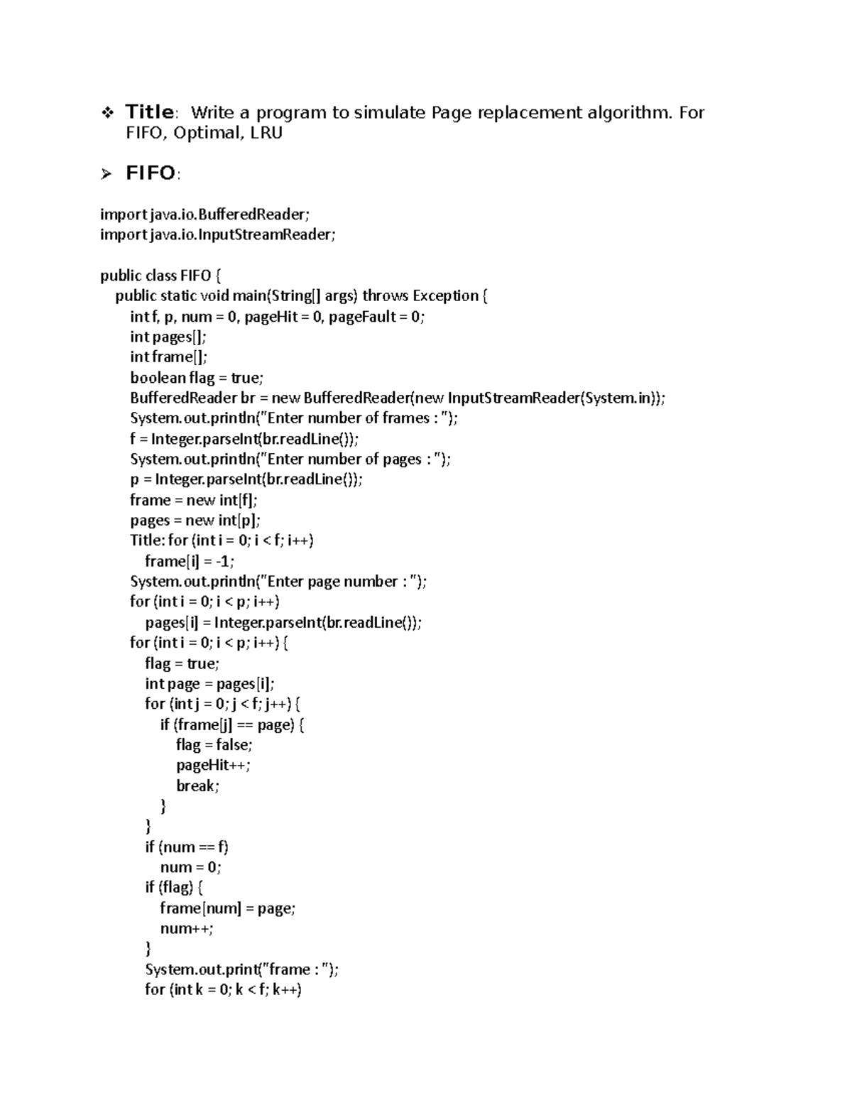 Assignment 7 - please complete - Title: Write a program to simulate Page replacement algorithm ...