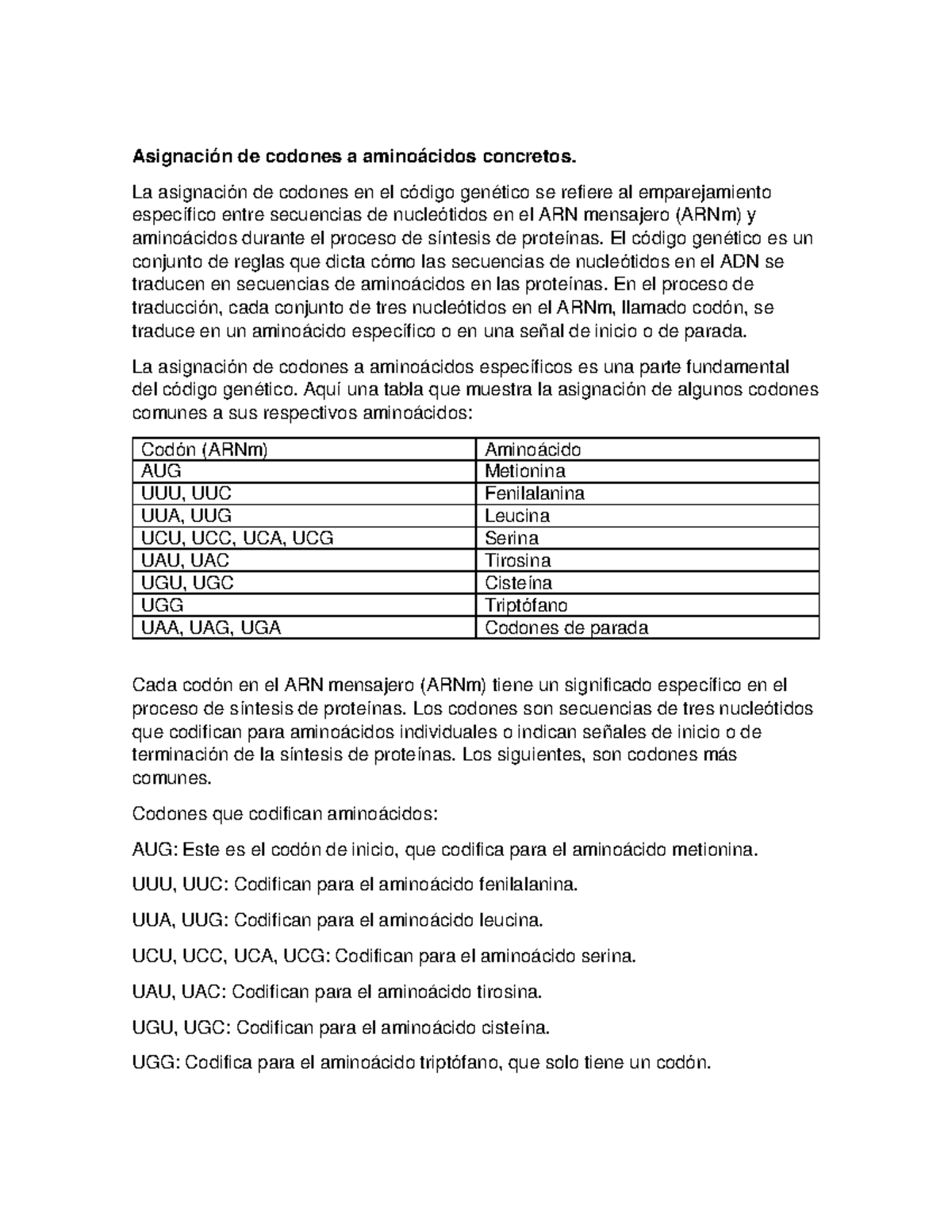 Asignación de codones a aminoácidos concretos - La asignación de ...