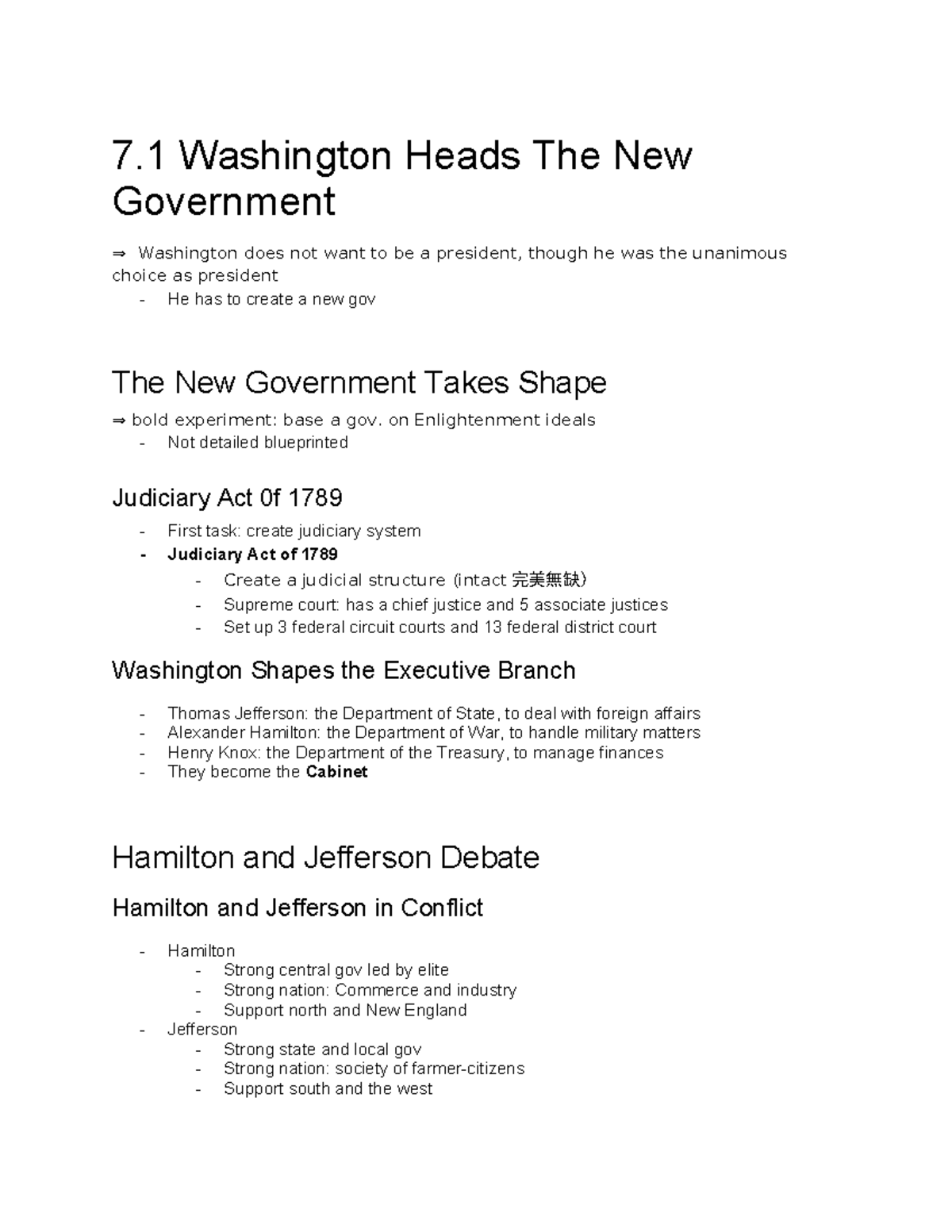 Part of Ch7 US history notes - 7 Washington Heads The New Government ⇒ ...