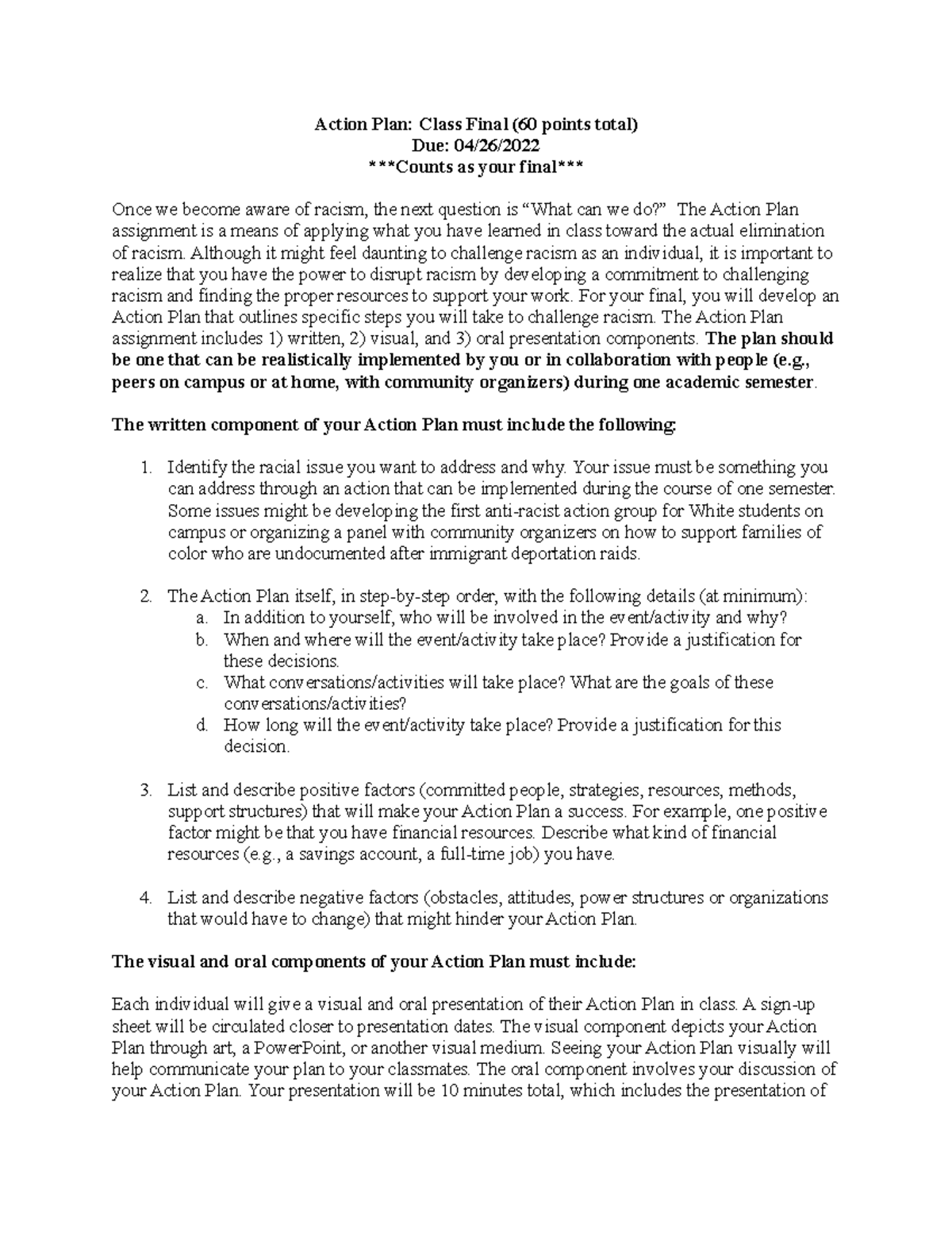 Action Plan Rubric - PSCH - Action Plan: Class Final (60 points total ...