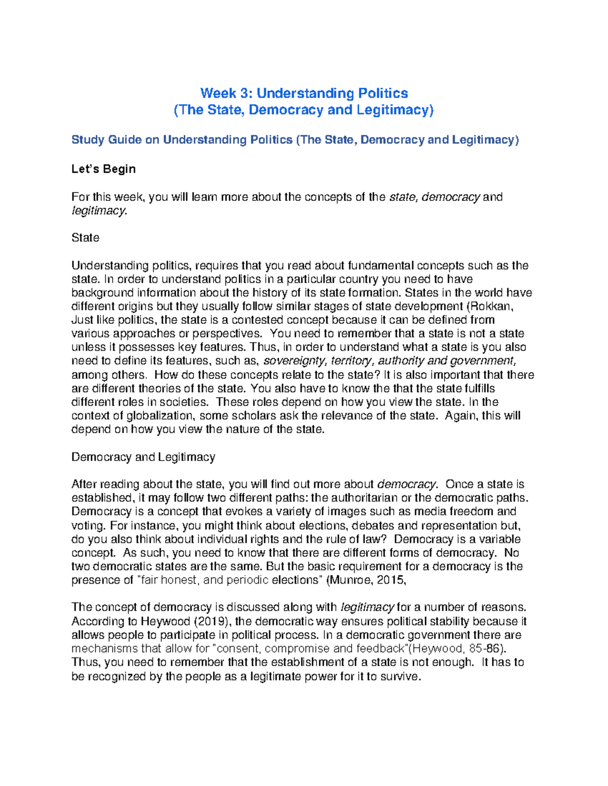Week 3- Study Guide for Understanding Politics (The State, Democracy ...