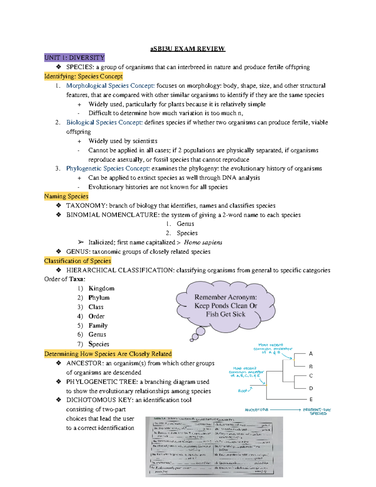 SBI3U EXAM Review - notes - aSBI3U EXAM REVIEW UNIT 1: DIVERSITY ...