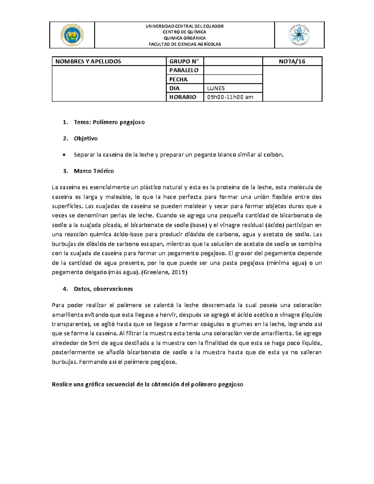 Formato informe Polímero pegajoso 22-22 - CENTRO DE QUÍMICA QUIMICA ...