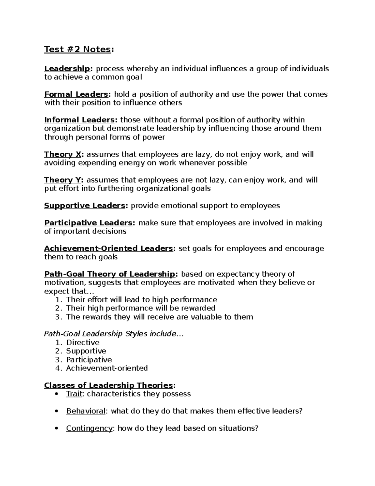Leadership Notes - Test #2 Notes: Leadership: process whereby an ...