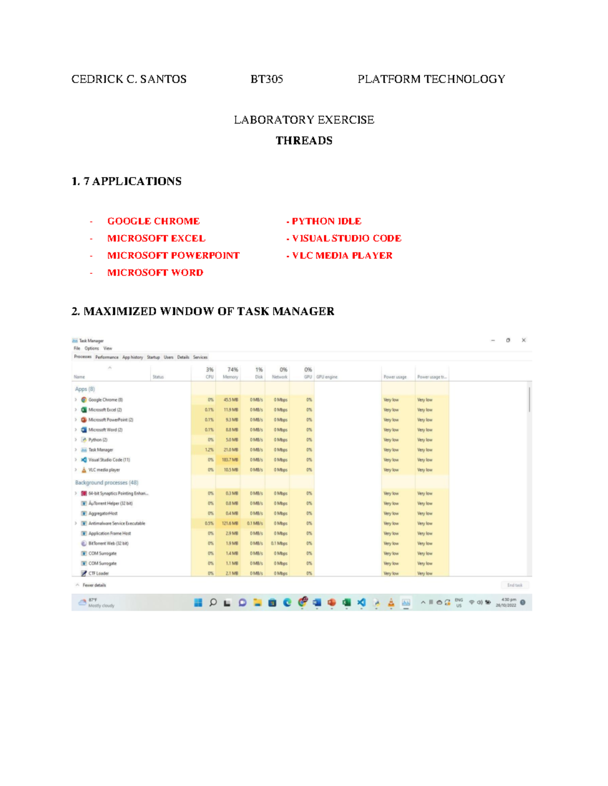 Santos Laboratory Exercise 1 Midterm - CEDRICK C. SANTOS BT305 PLATFORM TECHNOLOGY LABORATORY ...
