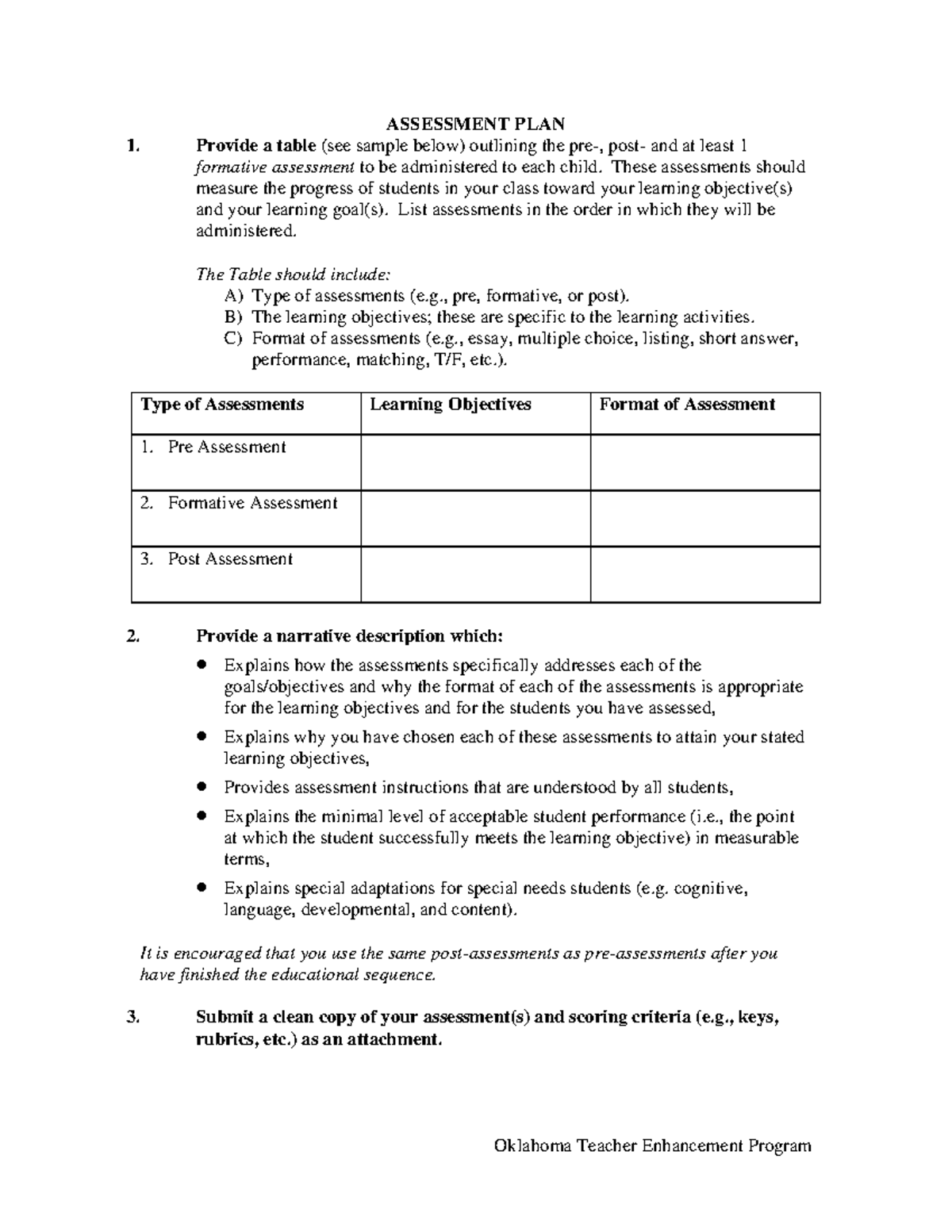 Assessment plan - ASSESSMENT PLAN Provide a table (see sample below ...