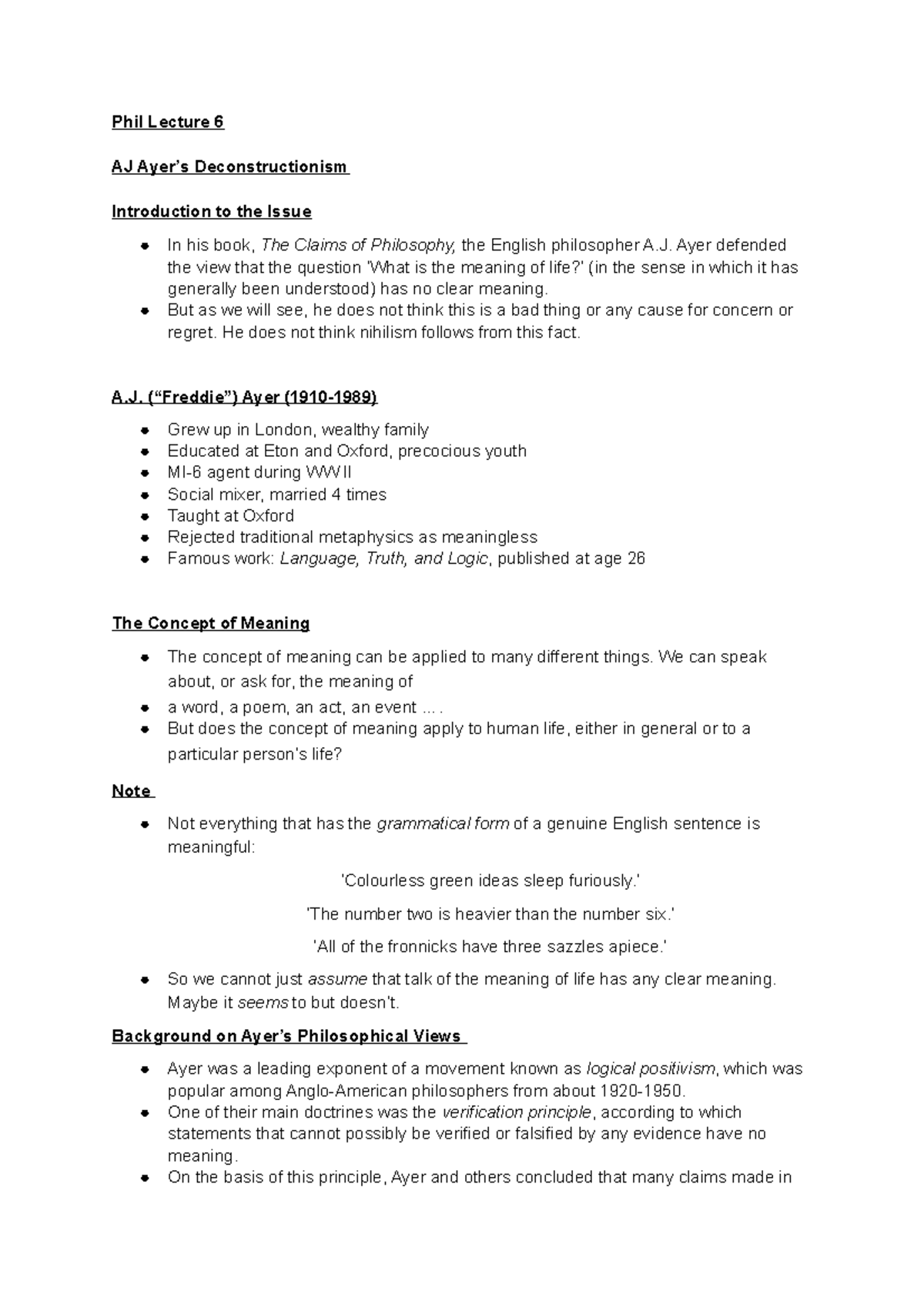 Phil Lecture 6 - DR. KENNETH FERGUSON - Phil Lecture 6 AJ Ayer’s ...