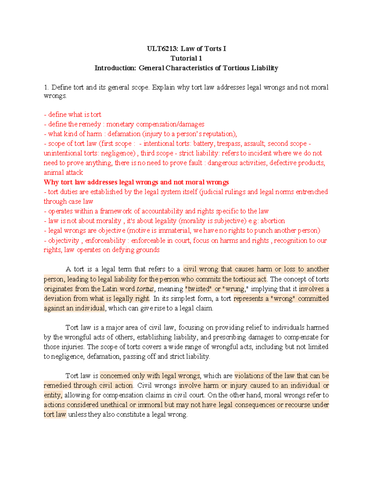 Tutorial 1 Week 2 - ULT6213: Law of Torts I Tutorial 1 Introduction: General Characteristics of ...