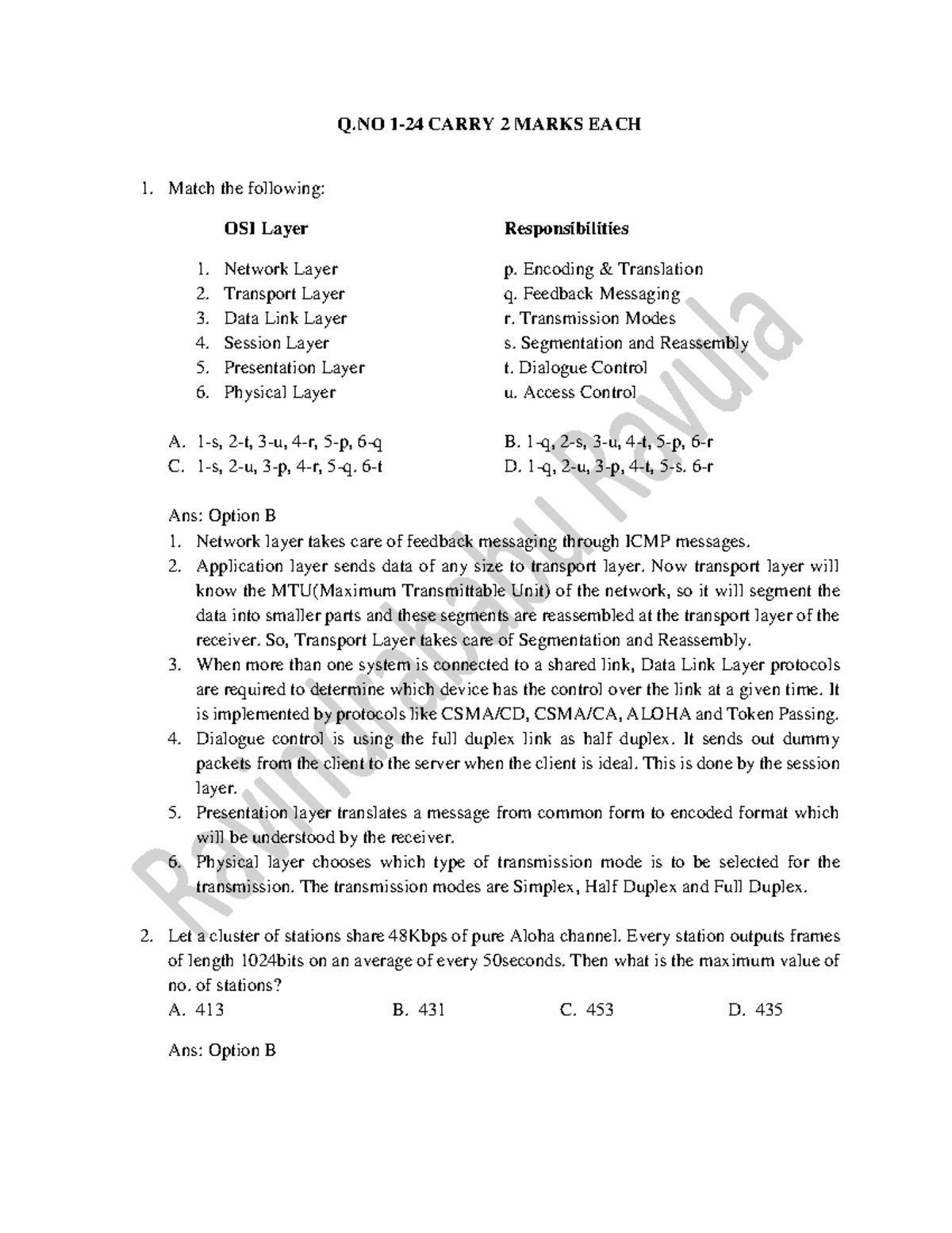 CN solutions set 1 - practice problems - Q 1-24 CARRY 2 MARKS EACH Match the following: OSI ...