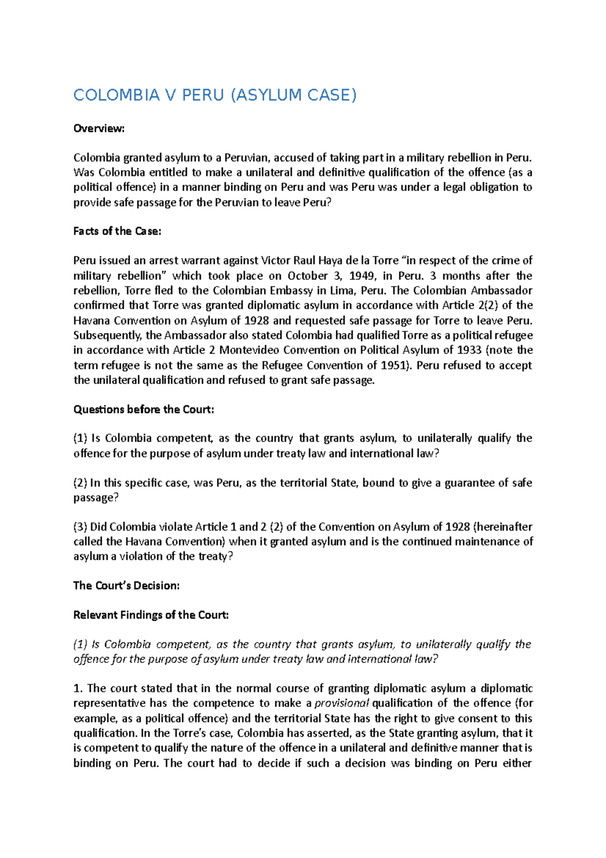 CASE LAW: Summaries for all topics in IRAC format - COLOMBIA V PERU ...