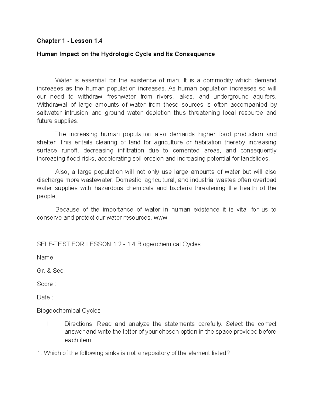 Human Impact on the Hydrologic Cycle - Chapter 1 - Lesson 1. Human Impact on the Hydrologic ...
