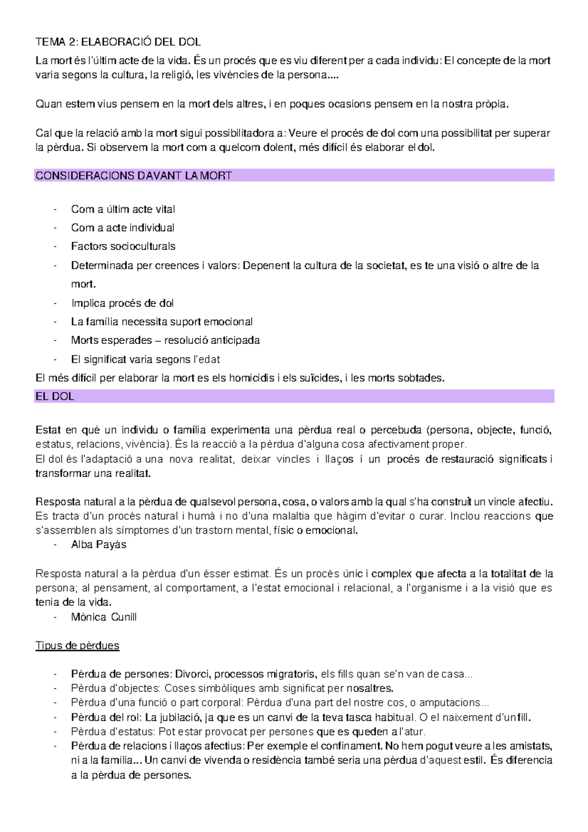 Psico t3 - Apunts t3 - TEMA 2: ELABORACIÓ DEL DOL La mort és l’últim acte de la vida. És un ...