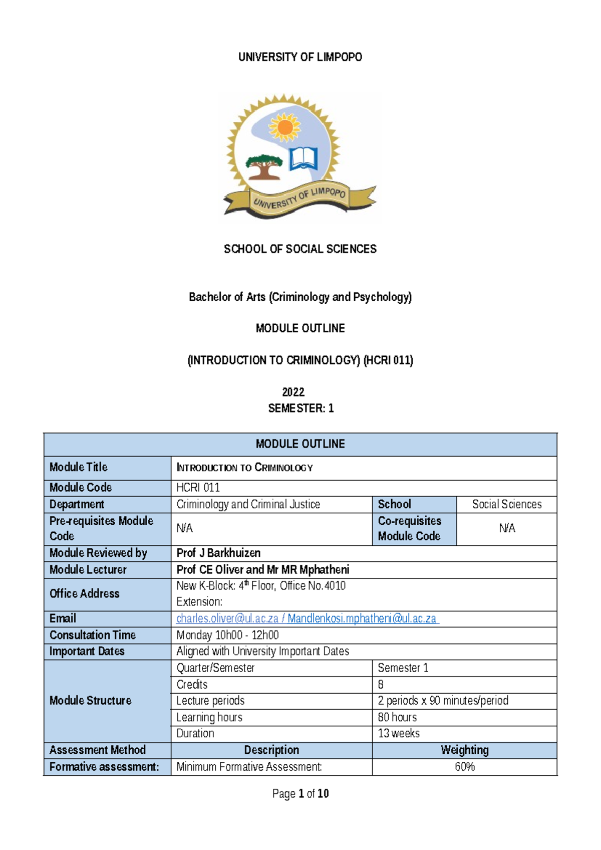 2024- HCRI 011 Module Outline - UNIVERSITY OF LIMPOPO SCHOOL OF SOCIAL ...