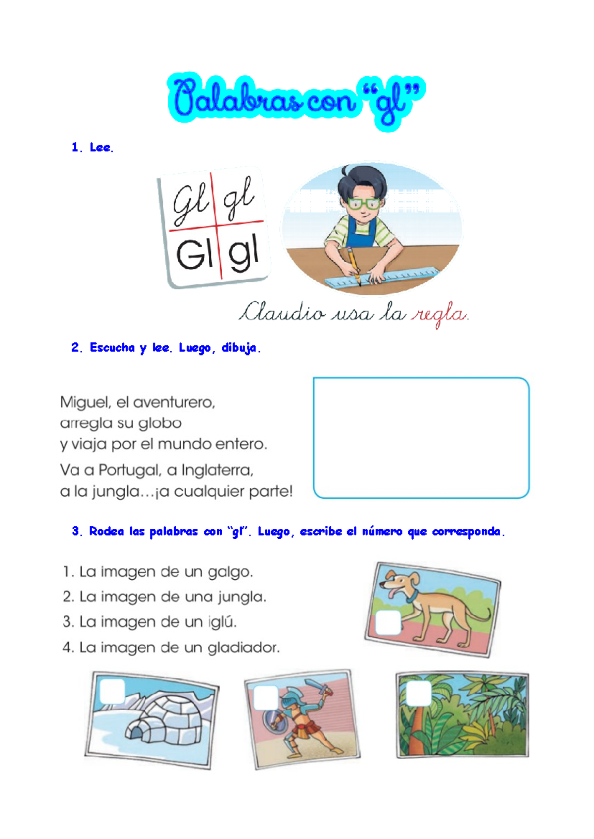 3.Palabras con GL - Comunicación Pedagógica - Lee. Escucha y lee. Luego, dibuja. Rodea las ...
