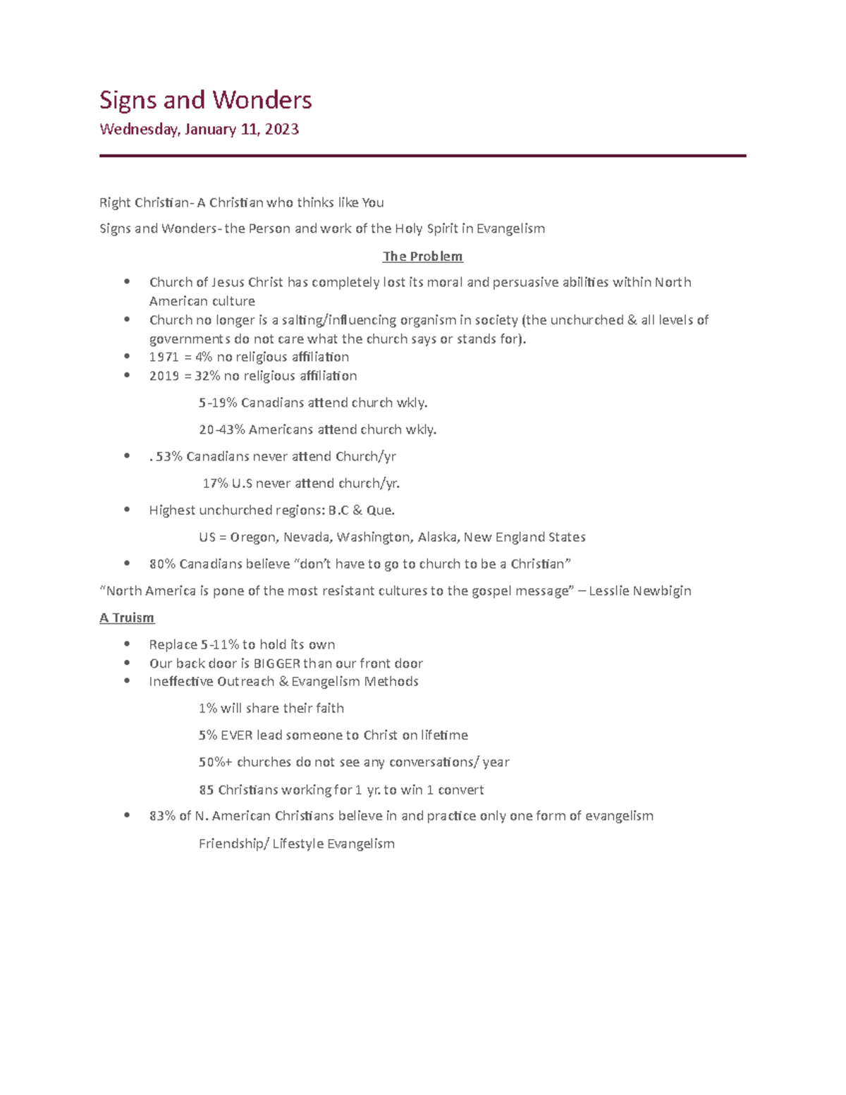 evangelism and discipleship - Signs and Wonders Wednesday, January 11 ...