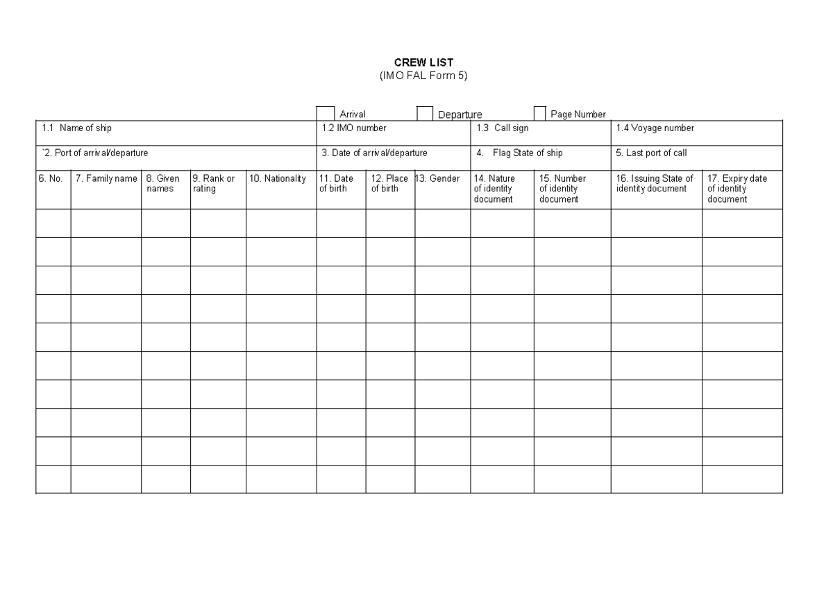 FAL FORM 5 - IMO FAl Form - CREW LIST (IMO FAL Form 5) Arrival ...