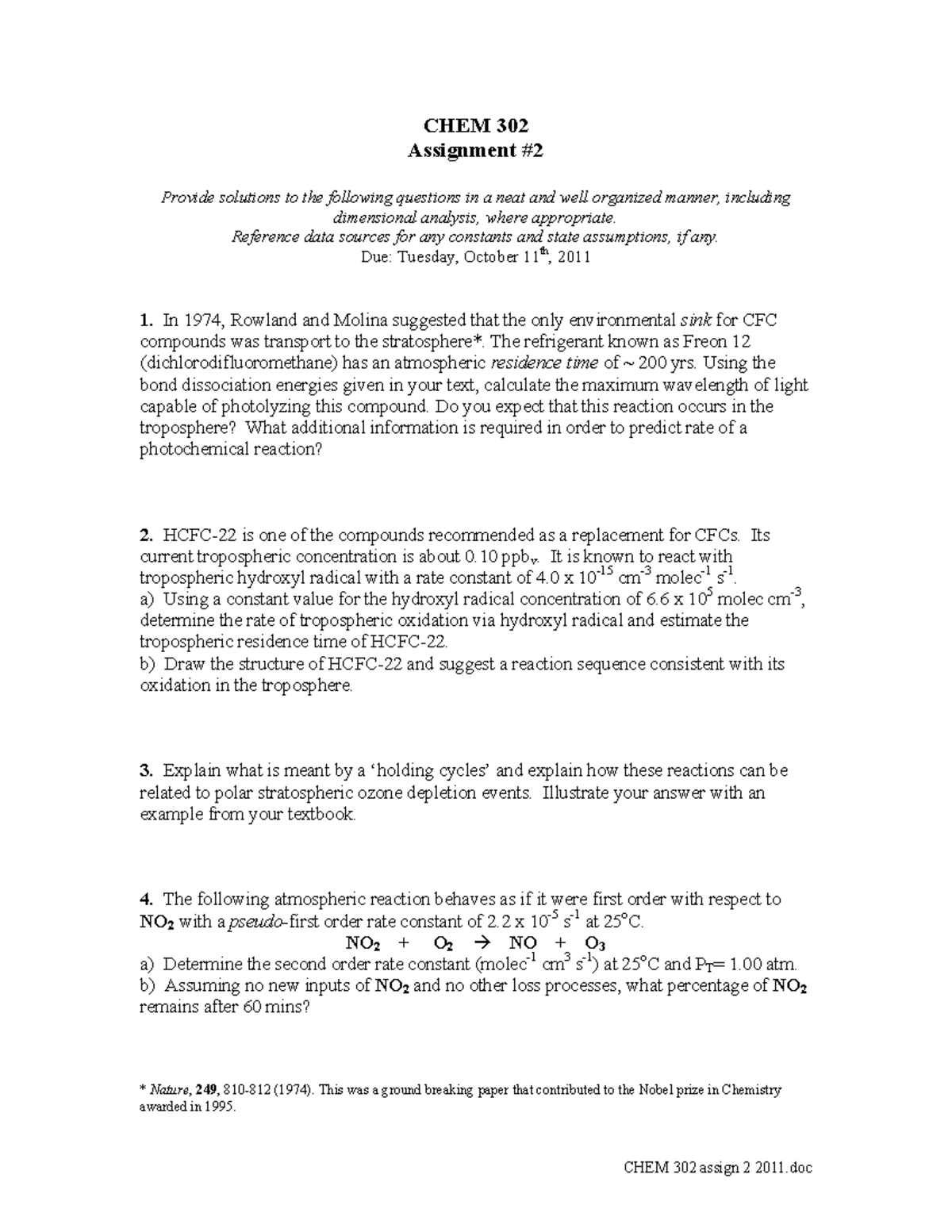 CHEM 302 assign 2 2011 - CHEM 302 assign 2 2011 CHEM 302 Assignment ...