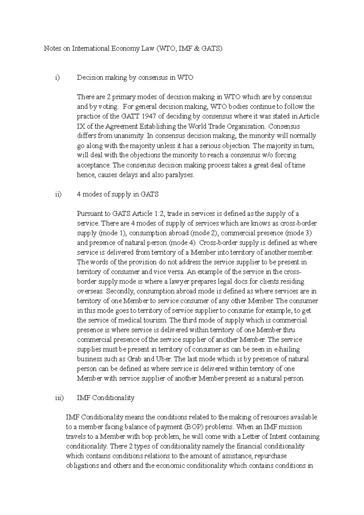 Notes on International Economy Law (IMF, GATS & WTO) - Notes on ...