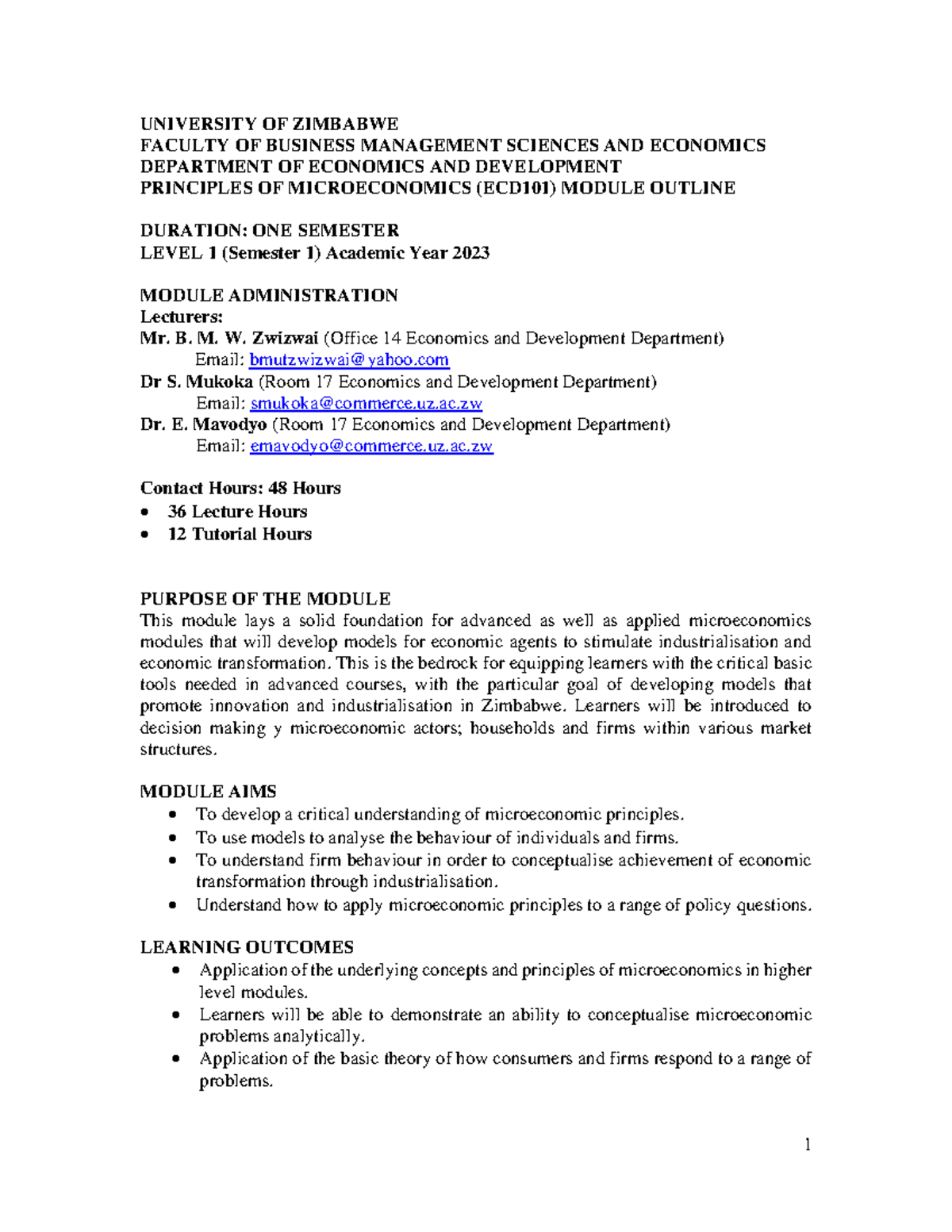 ECD101 Module Outline 2023 - UNIVERSITY OF ZIMBABWE FACULTY OF BUSINESS ...
