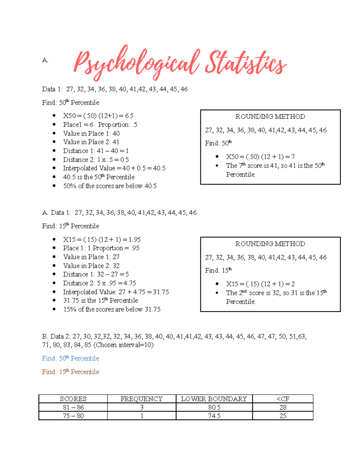 Percentile Stats - A. Data 1: 27, 32, 34, 36, 38, 40, 41,42, 43, 44, 45, 46 Find: 50th ...