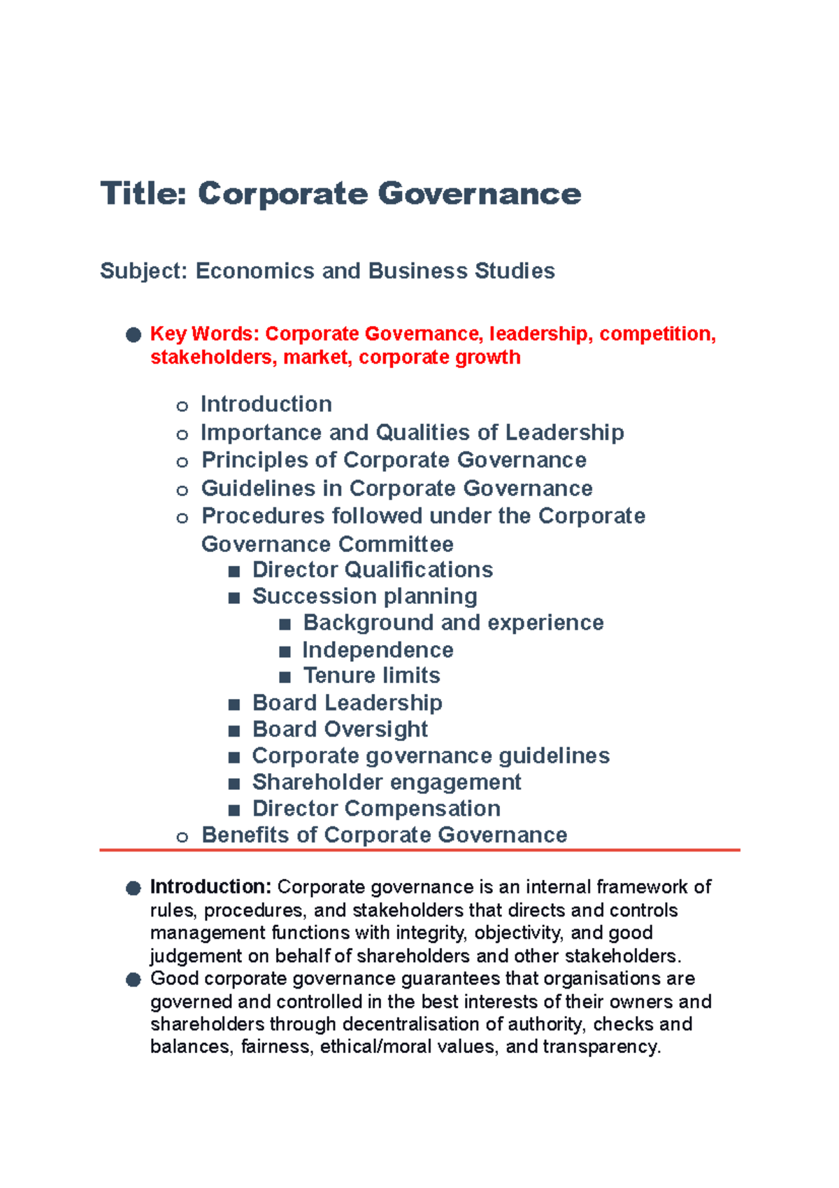 Business studies corporate governance - Title: Corporate Governance ...