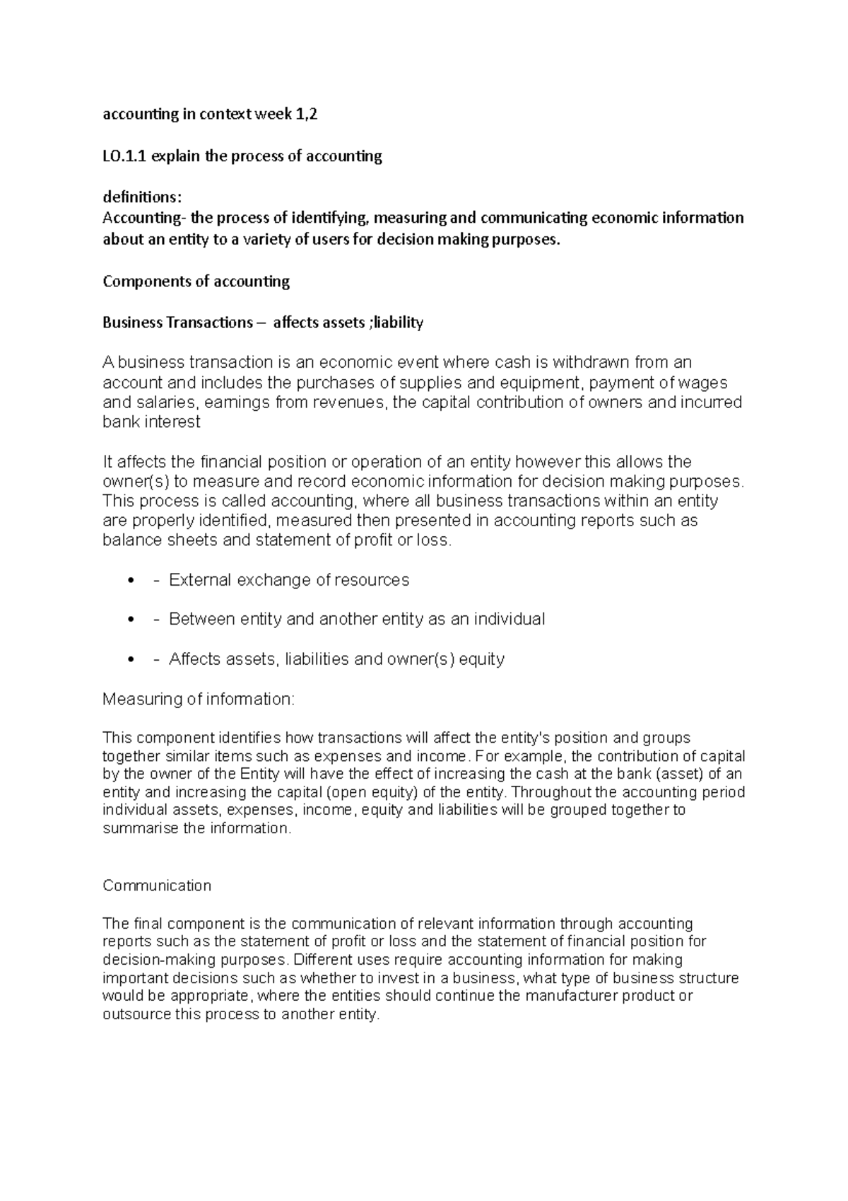 Accounting in context week 1-4 notes - accounting in context week 1, LO ...