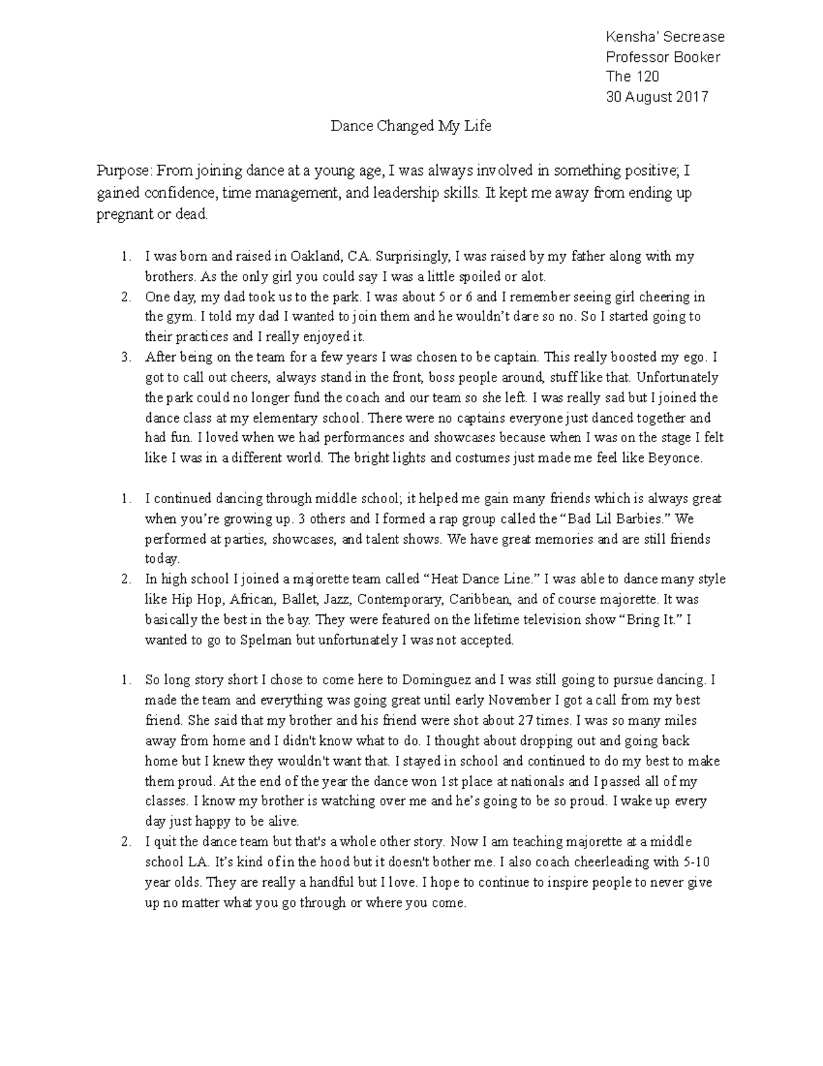 Speecch 1 outline - Kensha’ Secrease Professor Booker The 120 30 August 2017 Dance Changed My ...