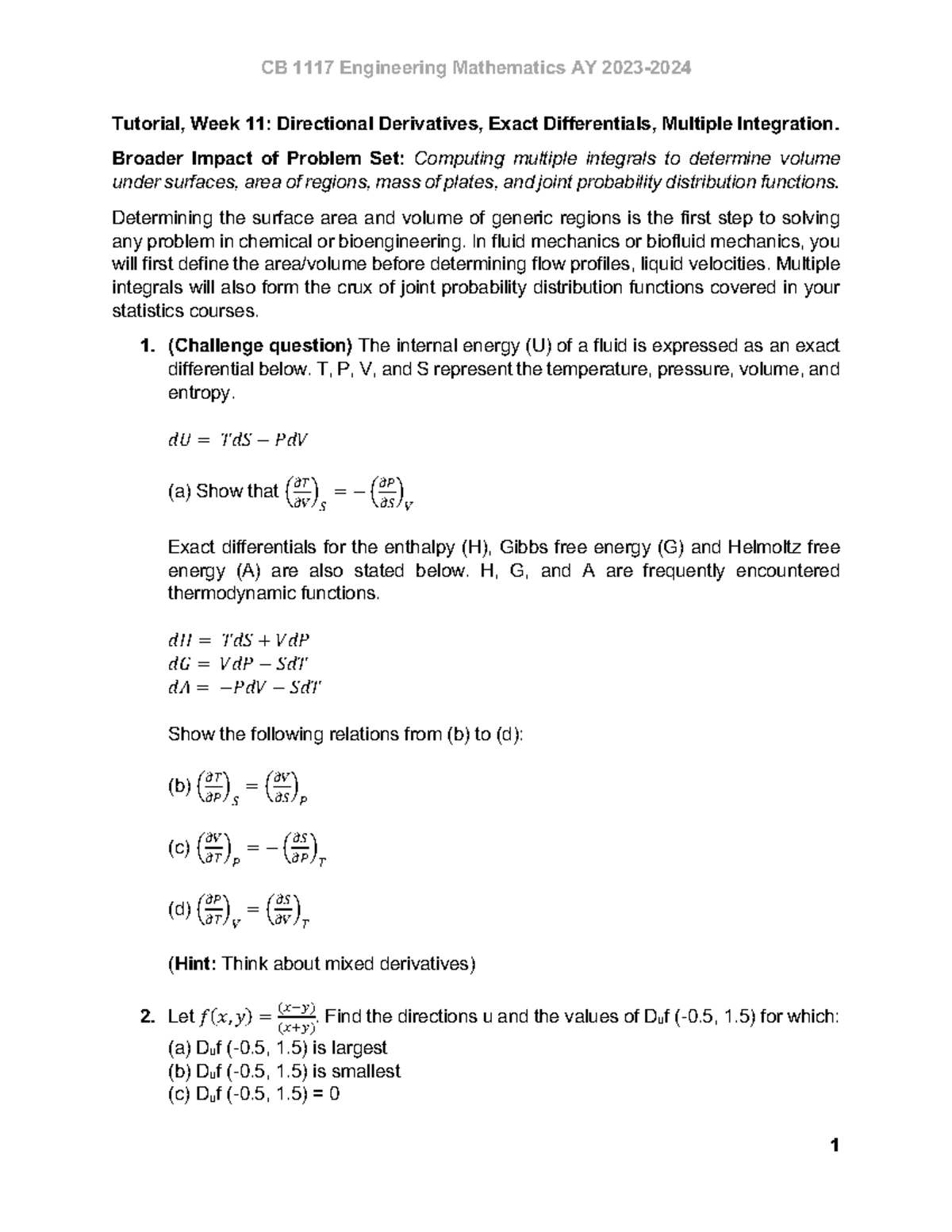 Tut 11 - Differentials Multiple - CB 1117 Engineering Mathematics AY 202 3 - 2024 1 Tutorial ...