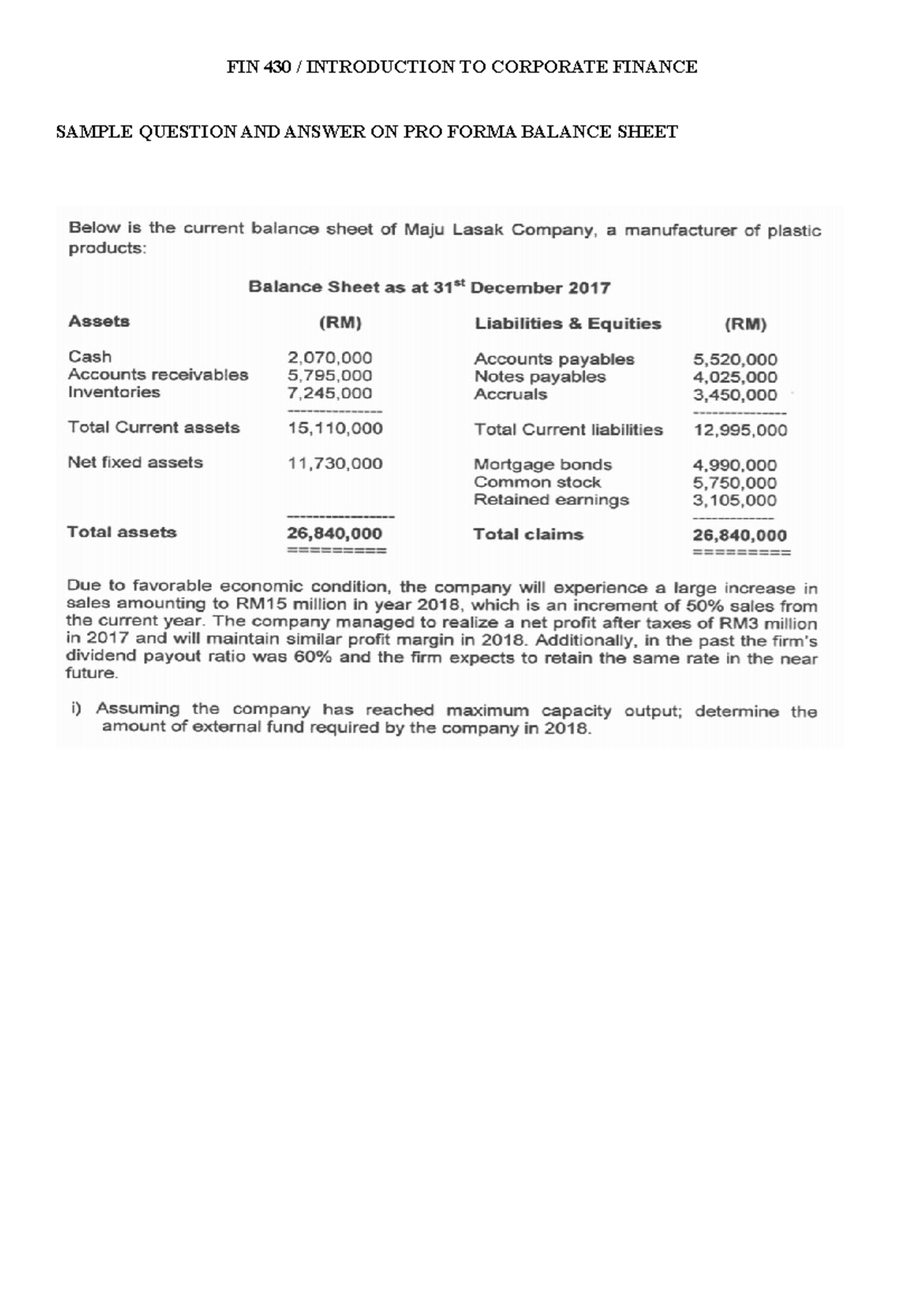 Pro Forma Balance Sheet Tutorial Question And Answer Fin 430