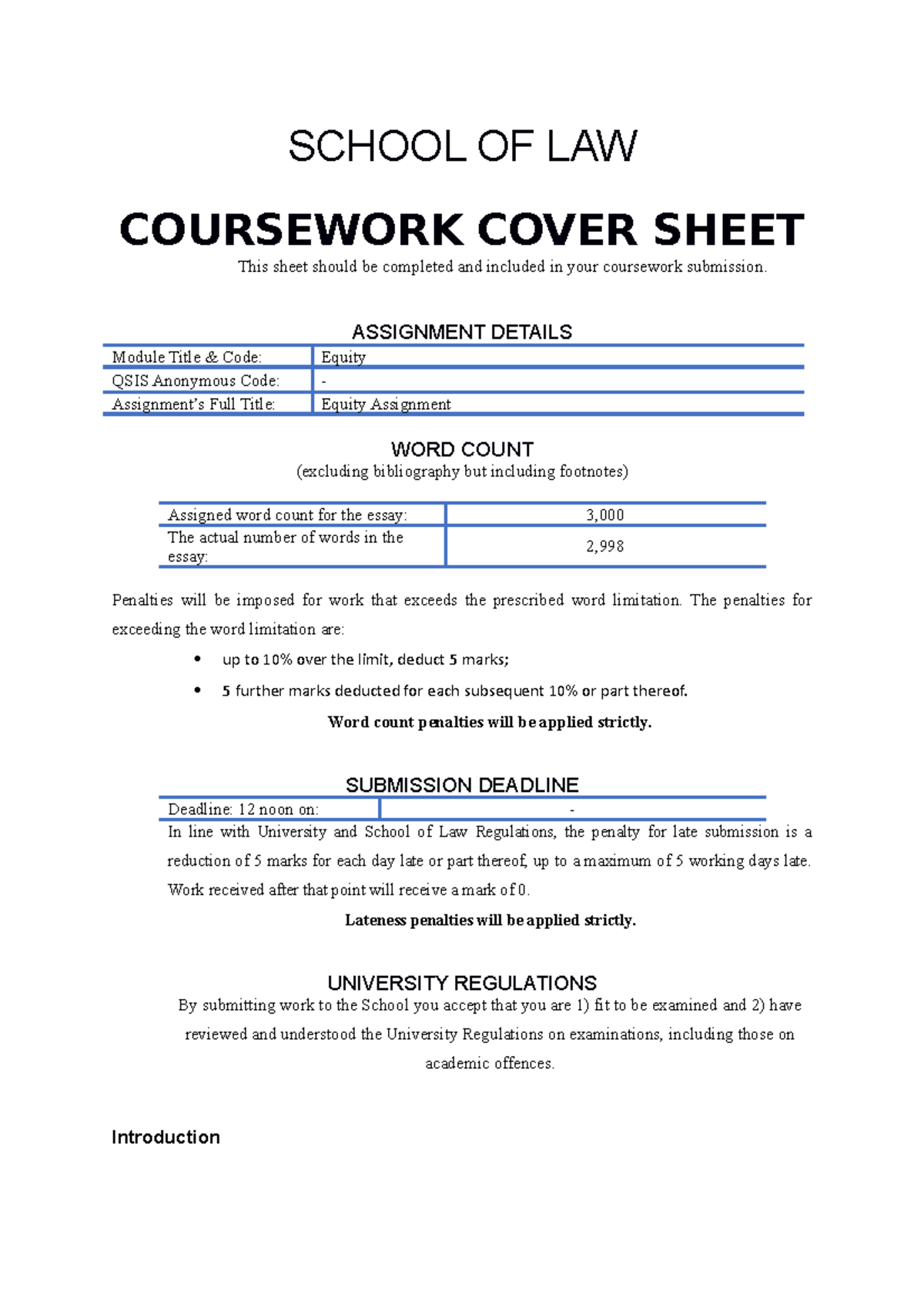 Equity Coursework - SCHOOL OF LAW COURSEWORK COVER SHEET This sheet ...