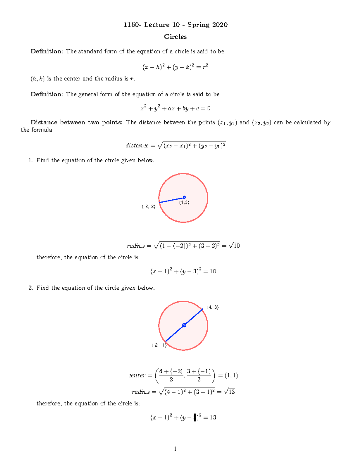 Circles- Distance - 1150- Lecture 10 - Spring 2020 Circles Definition: The standard form of the ...