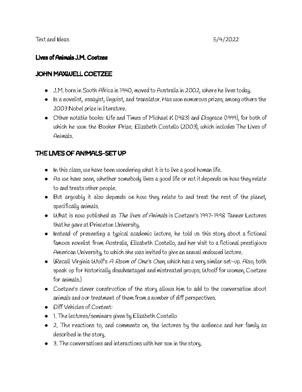 Text and Ideas 5 4 2022 - Text and Ideas 5/4/ Lives of Animals J ...