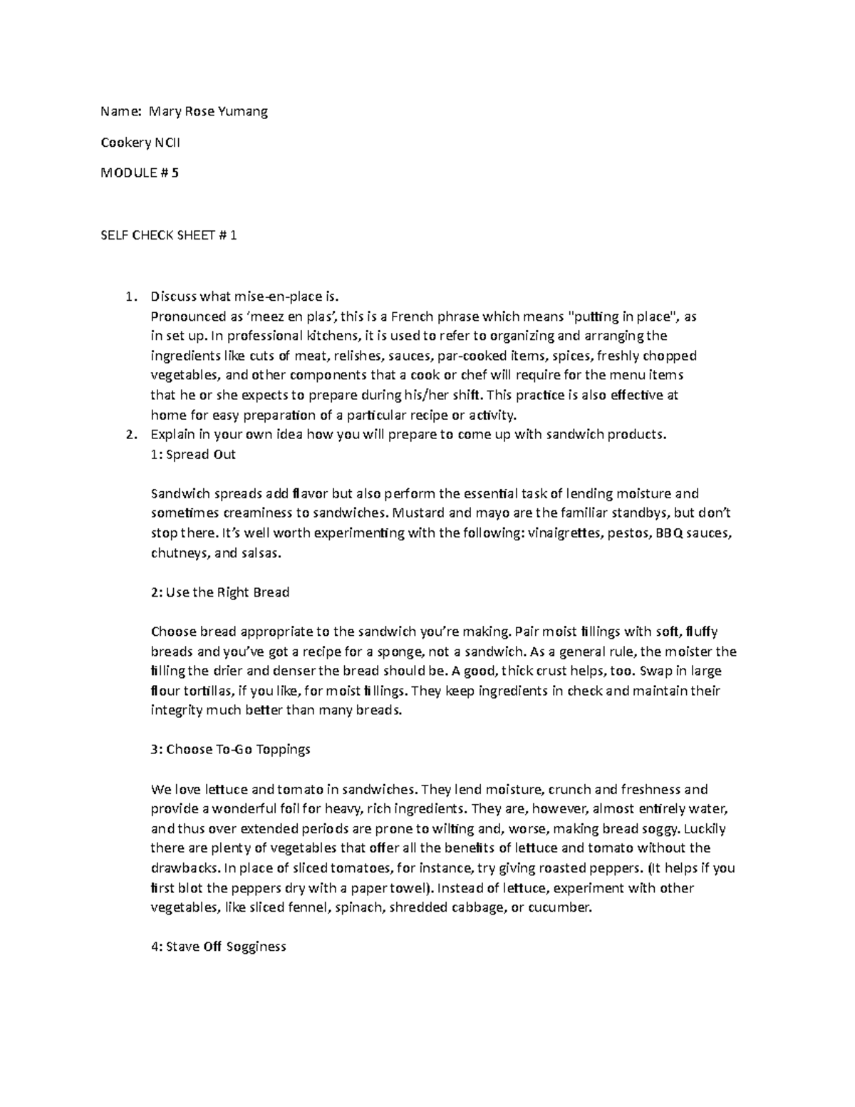 Module 5 answer - Mudoles - Name: Mary Rose Yumang Cookery NCII MODULE ...