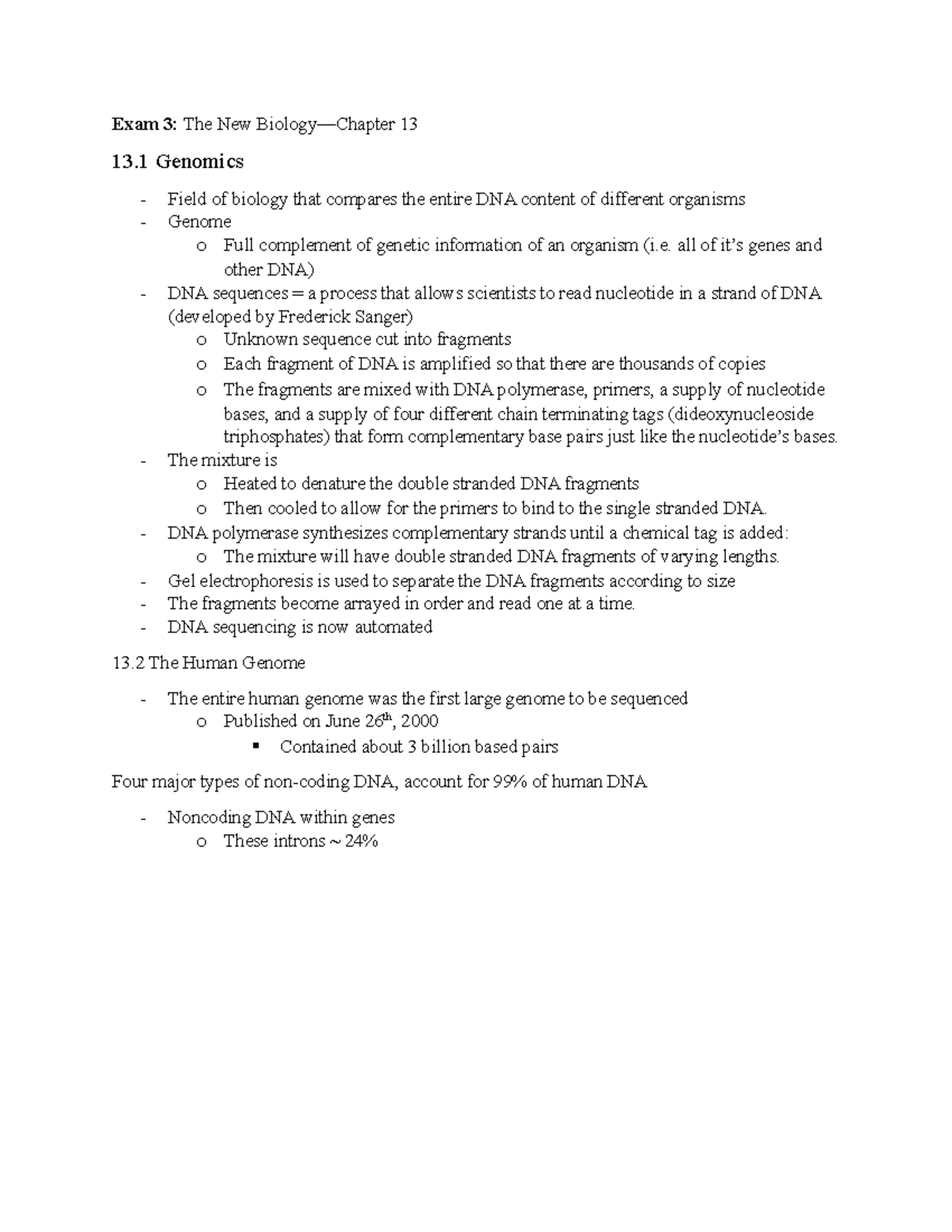 Exam 3 - project - Exam 3: The New Biology—Chapter 13 13 Genomics Field ...