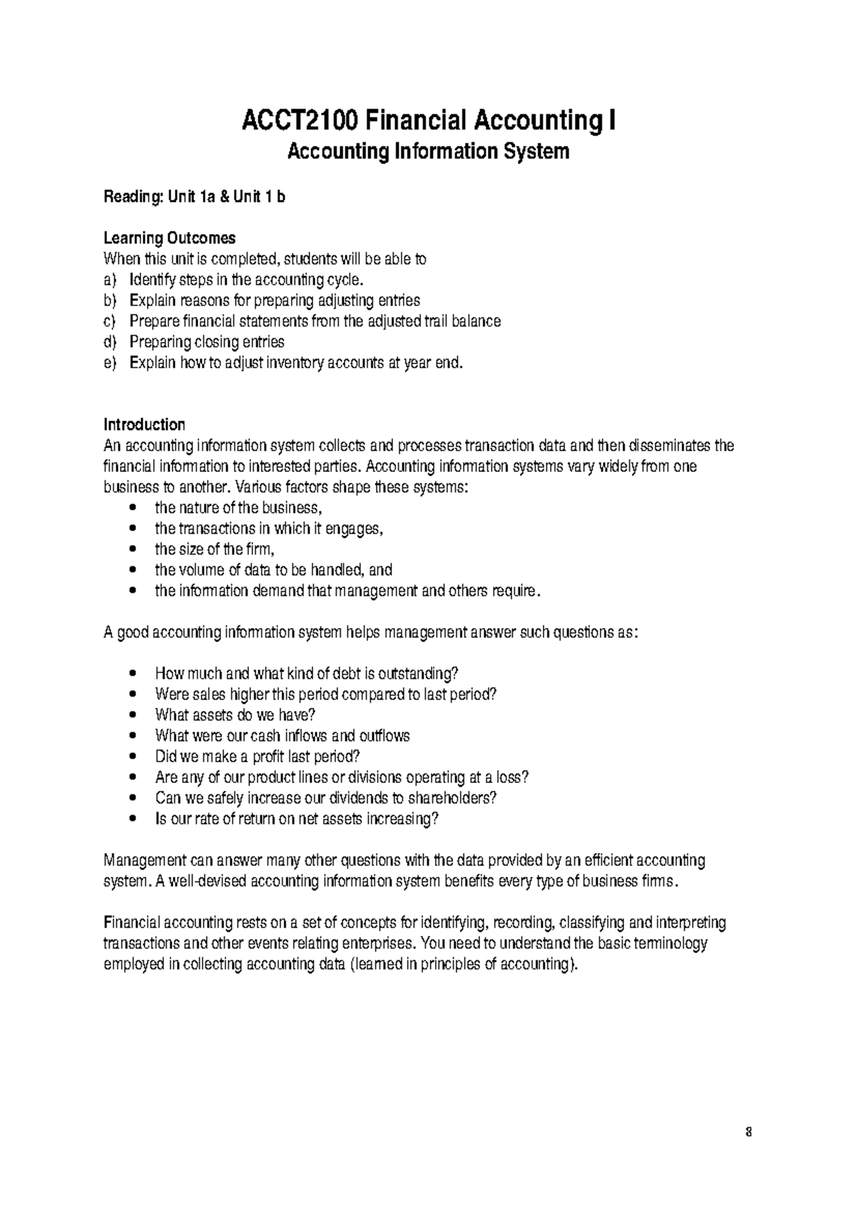 Unit 1 Revision Accounting Information System - ACCT2100 Financial ...