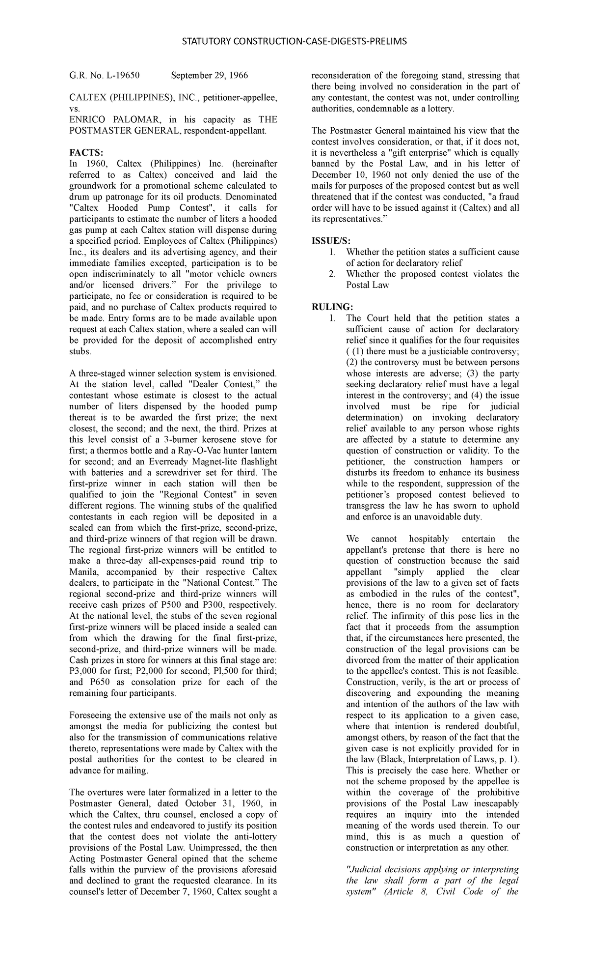 Statcon CASE Digests August - G. No. L-19650 September 29, 1966 CALTEX (PHILIPPINES), INC ...