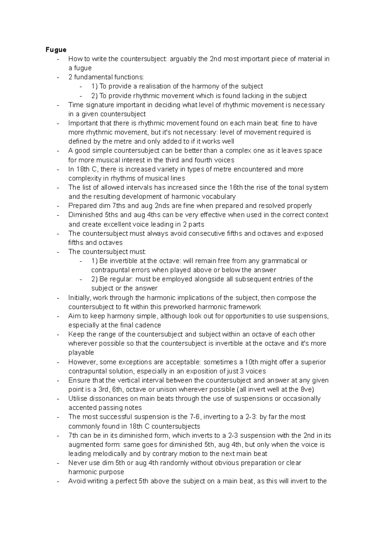 Counterpoint Lecture 5 - Notes - Fugal Countersubjects - Fugue - How to ...