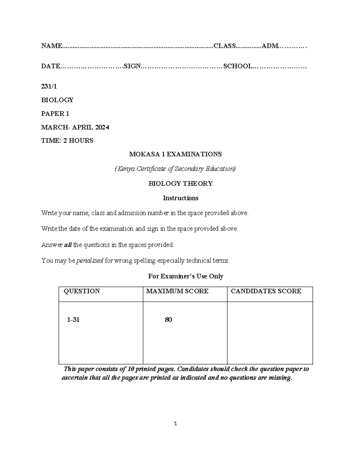 Biology Paper 1 Questions - - Studocu