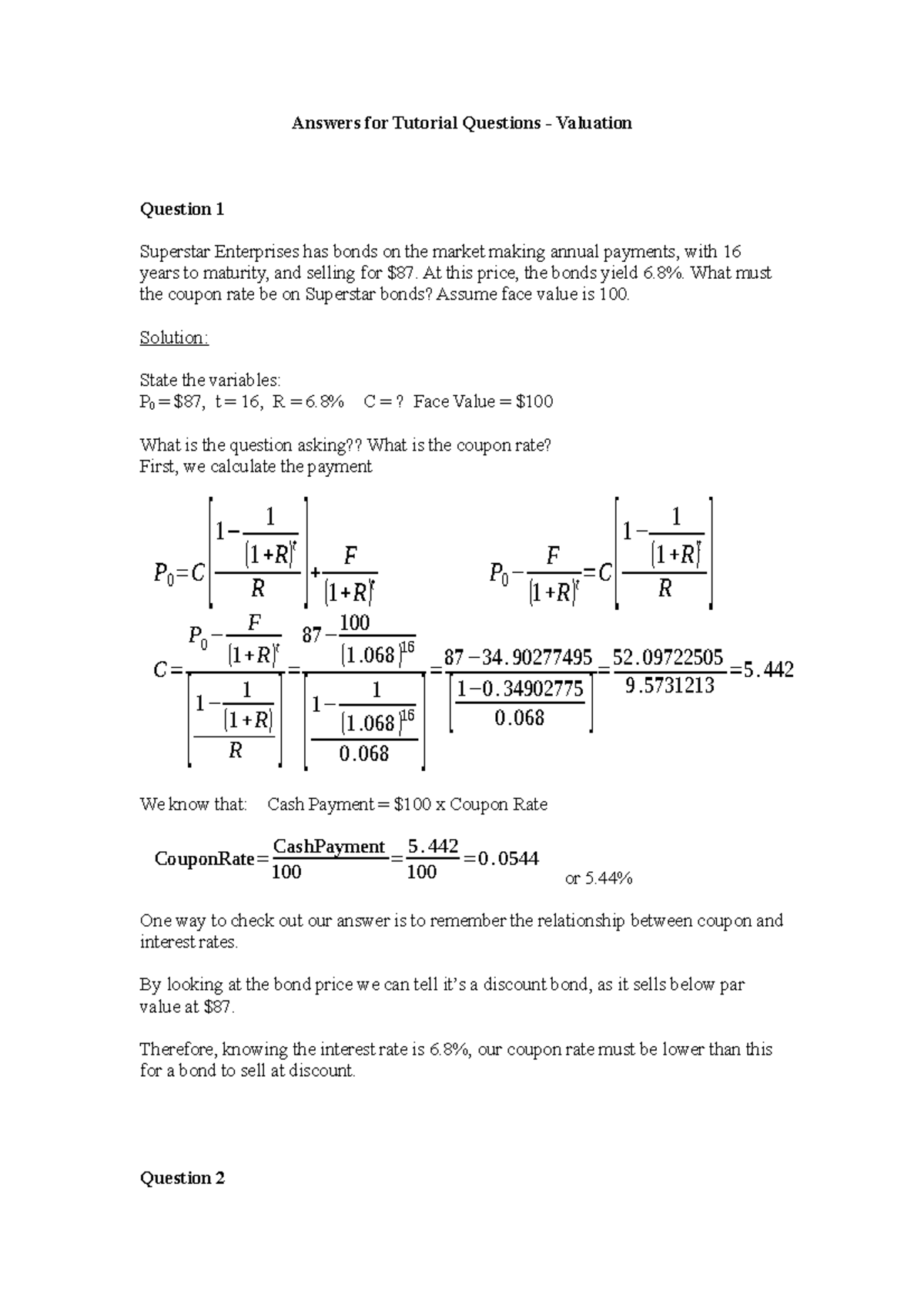 Workshop 3A - Valuation(1) - Answers for Tutorial Questions - Valuation ...