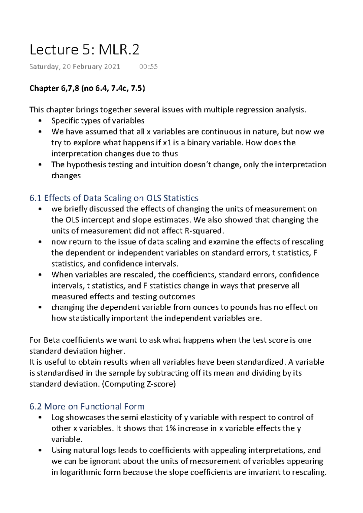Lecture 5 MLR.2 Page 1 - Chapter 6,7,8 (no 6, 7, 7) This chapter brings ...