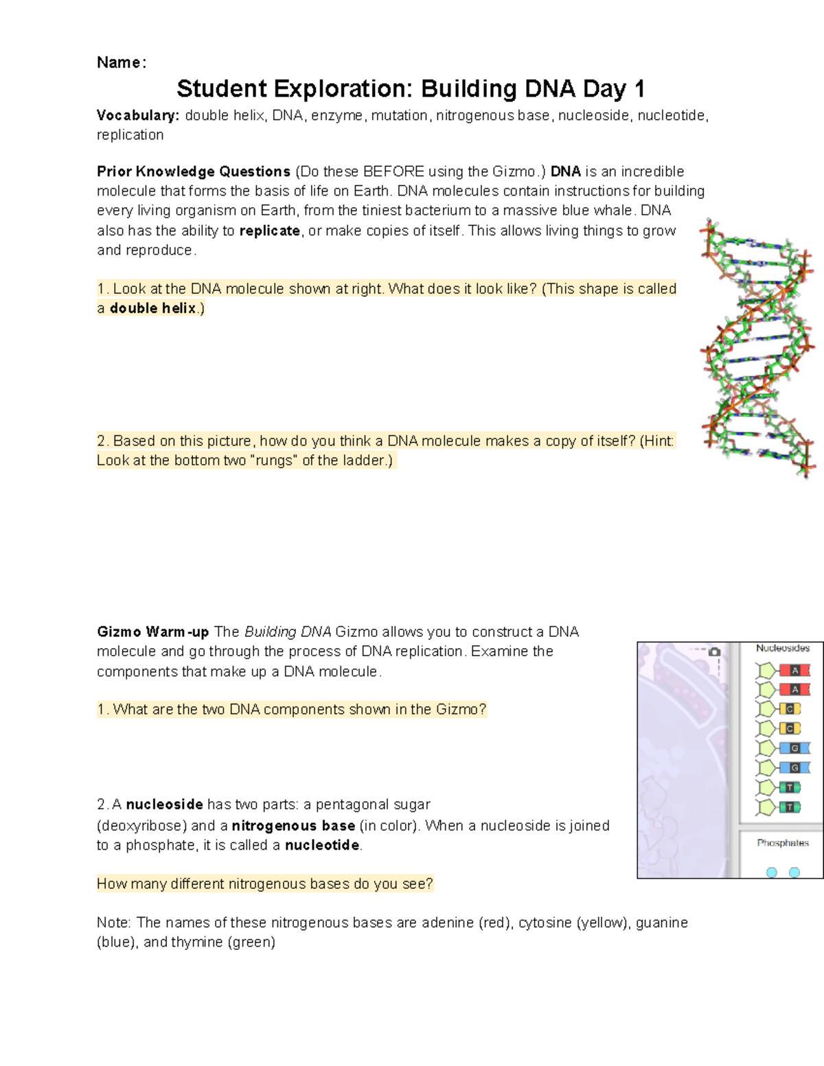 4.19.2020 Building DNA Student Gizmos DAY 1 name - Name: Student ...