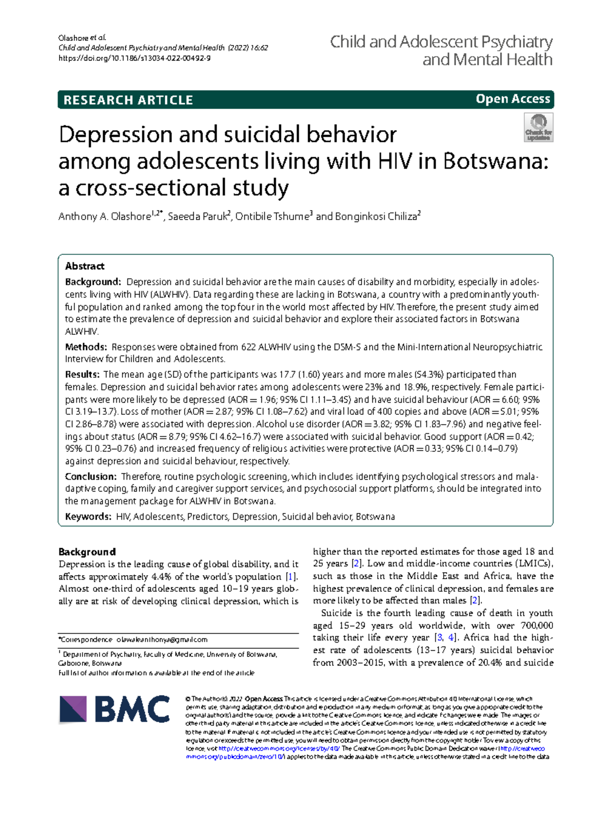 Depression and suicidal behavior - Olashore et al. Child and Adolescent ...