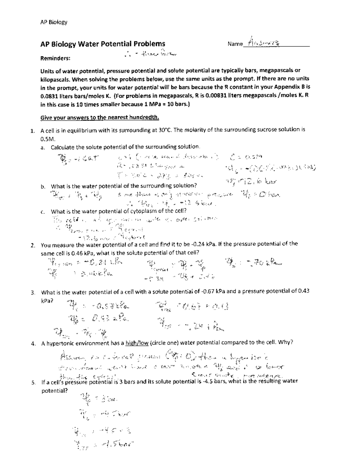 Water potential problems ans - Studocu