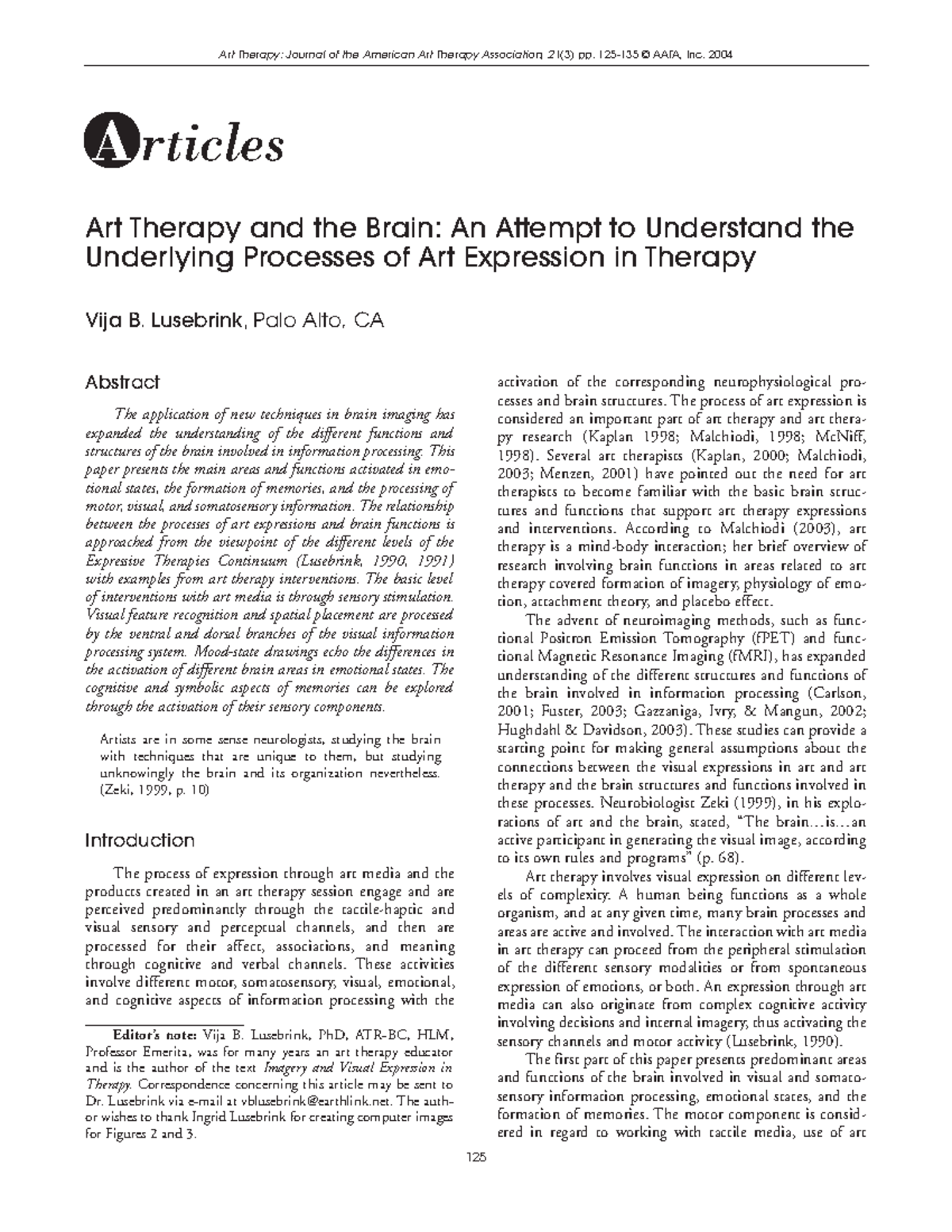 Art Therapy and the Brain Paper - Art Therapy: Journal of the American ...