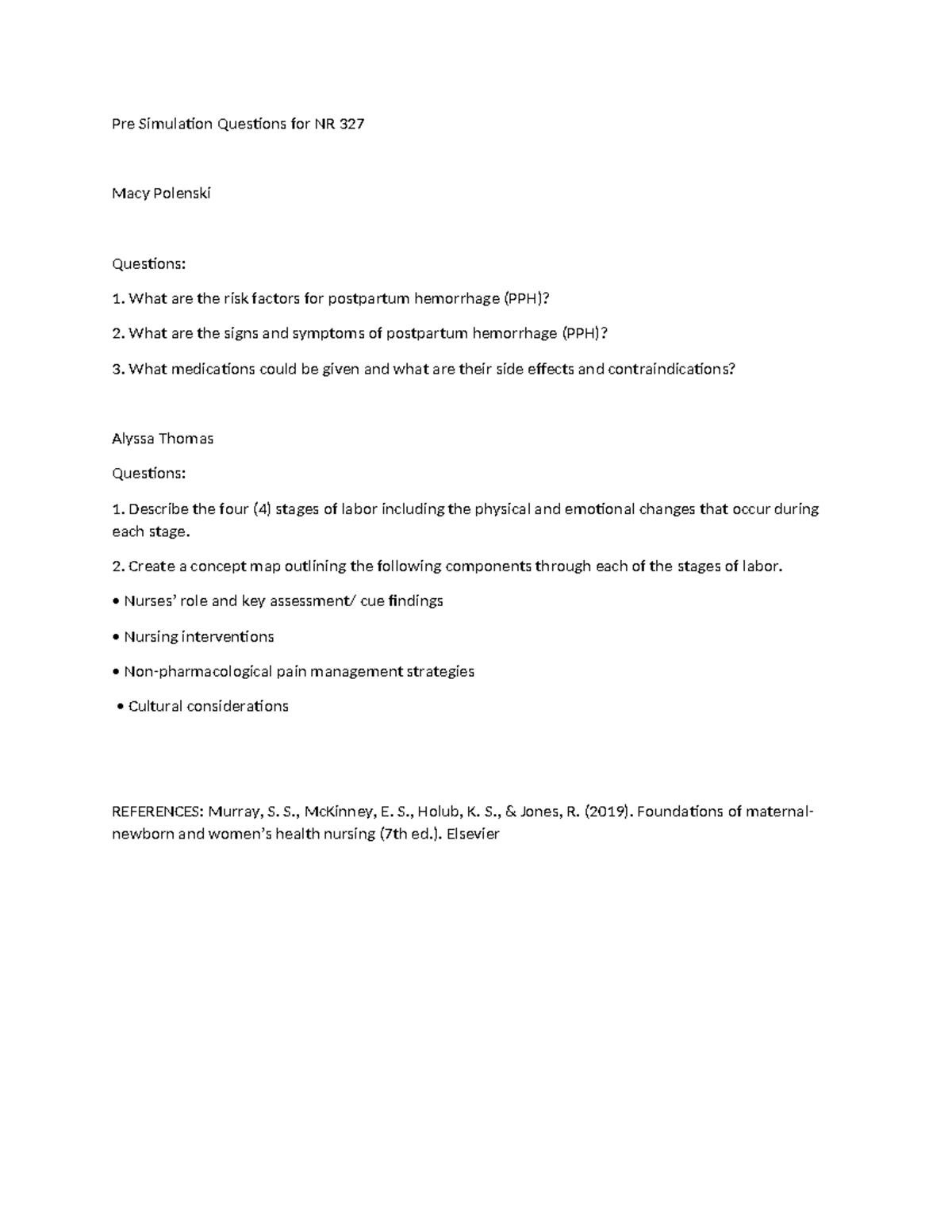 327 Maternal Child Pre Simulation questions - Pre Simulation Questions ...