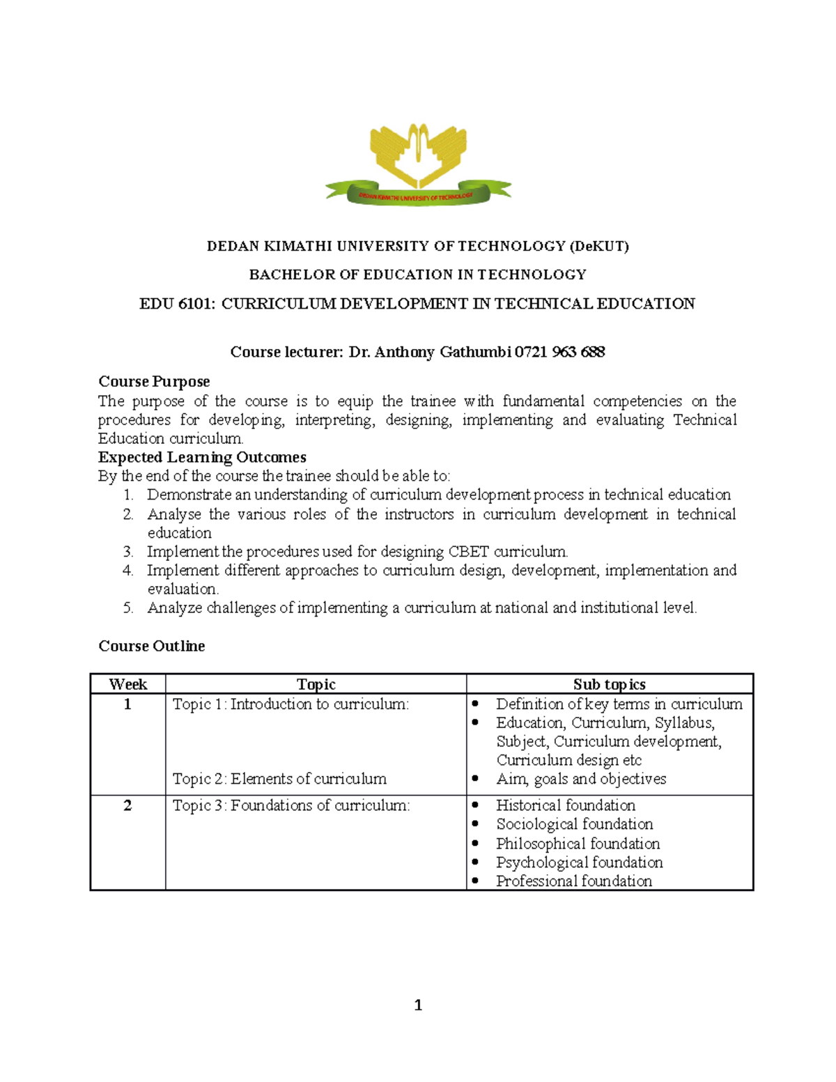 Lesson 0 EDU 6101 Curriculum Development IN Technical Education Course ...