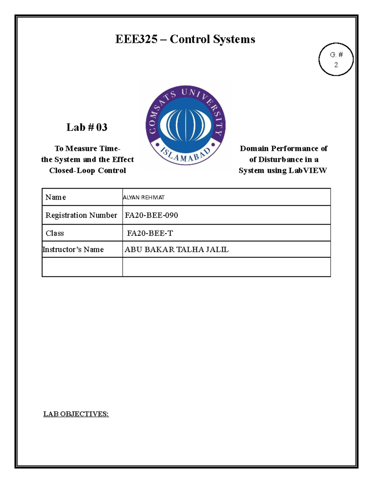 Cslab-3 - not - EEE325 – Control Systems Lab # 03 To Measure Time- Domain Performance of the ...