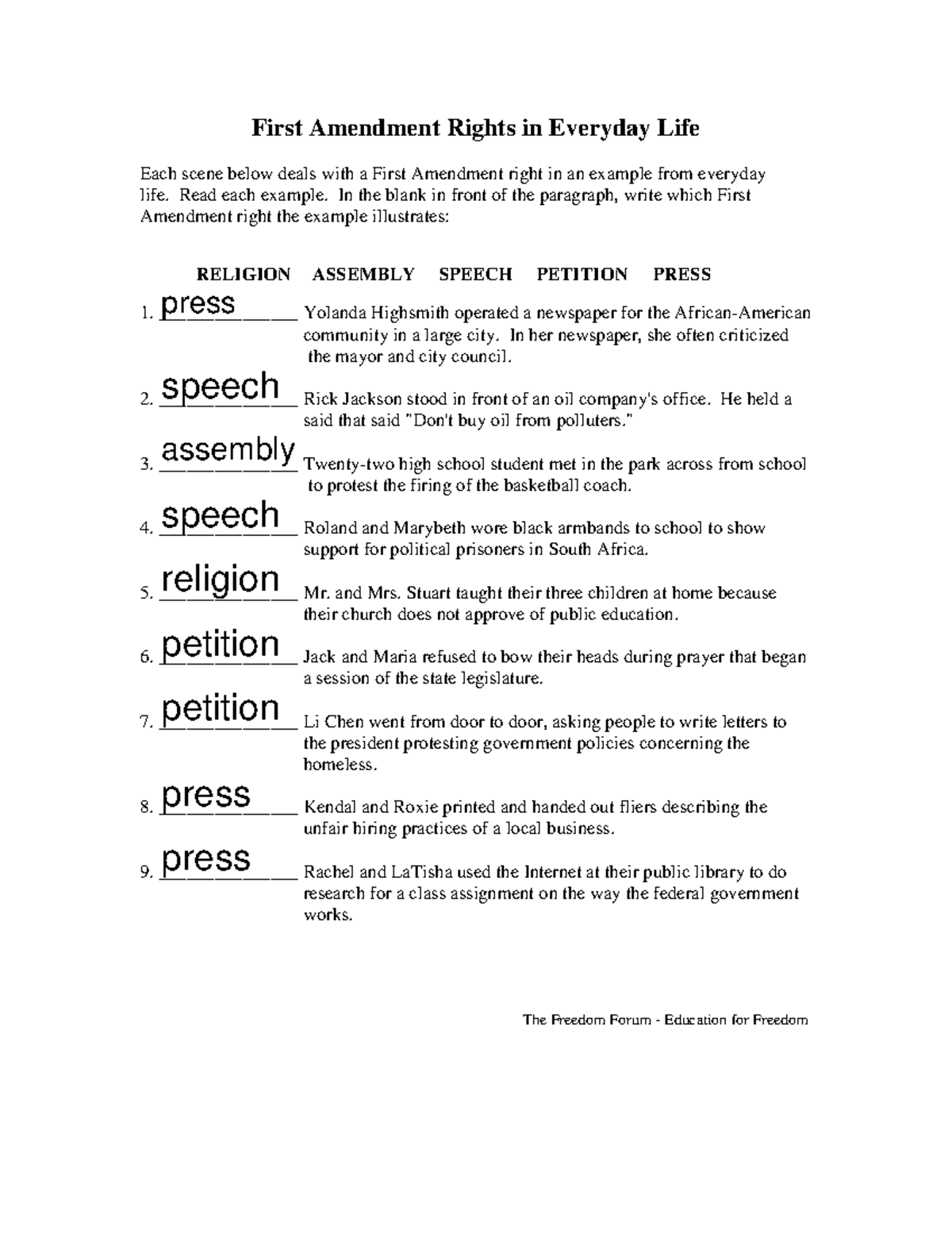 First Amendment Worksheet - First Amendment Rights in Everyday Life ...