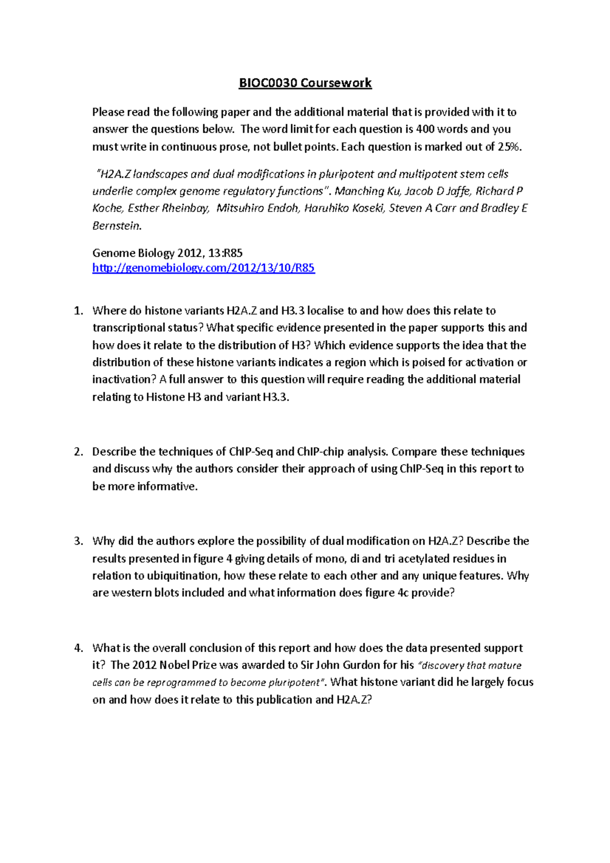 BIOC0030 Students Coursework - BIOC0030 Coursework Please read the ...