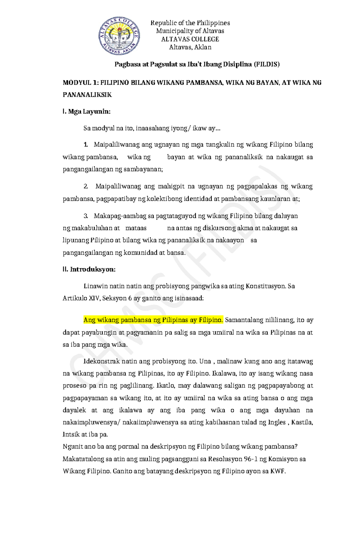 Fildis- Module-1 - For educational purposes only - Republic of the ...